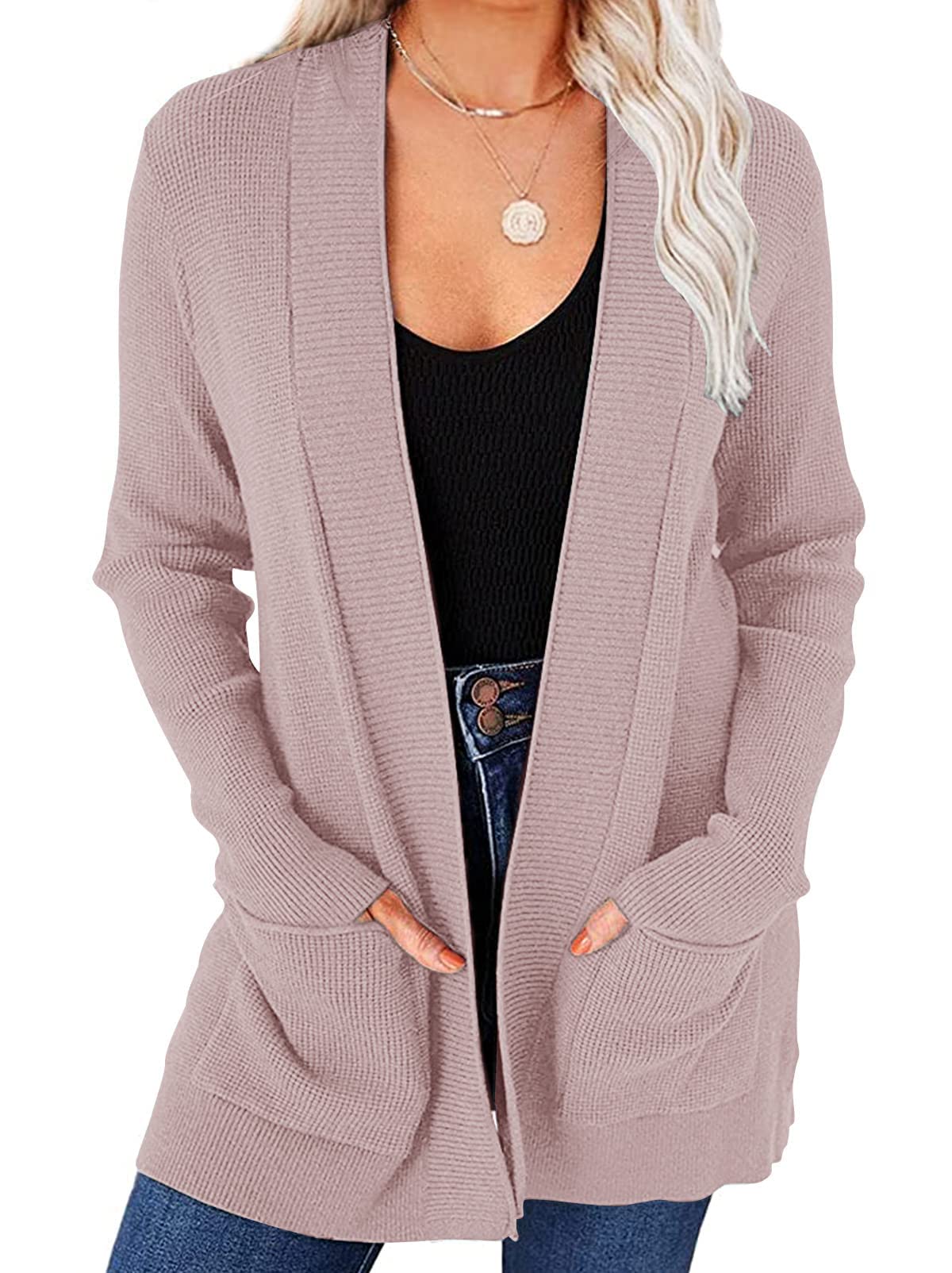 MEROKEETY Women's 2025 Fall Open Front Waffle Knit Cardigan Long Sleeve Cozy Knit Sweaters with Pockets, Dustypink, Medium