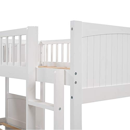 BOVZA Twin Over Twin L-Shaped Triple Bunk Beds with 2 Storage Drawers and 2 Ladders, Wood Bunk Beds with a Loft Attached for 3 Kids Teens, White