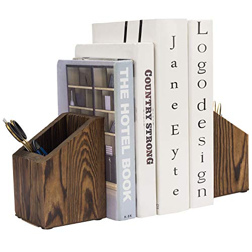 MyGift Rustic Brown Solid Wood Decorative Bookends, Office Desk Book Stand with Stationery Holder and Pencil Cup, 1-Pair