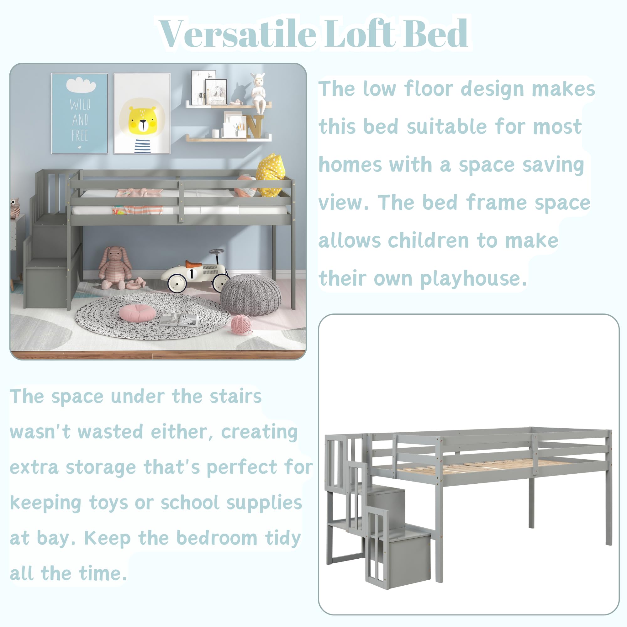 CITYLIGHT Low Loft Bed with Staircase,Twin Size Kids Loft Bed with Step Storage,Wood Loft Bed Frame Twin with Safety Guardrails for Girls, Boys,Grey