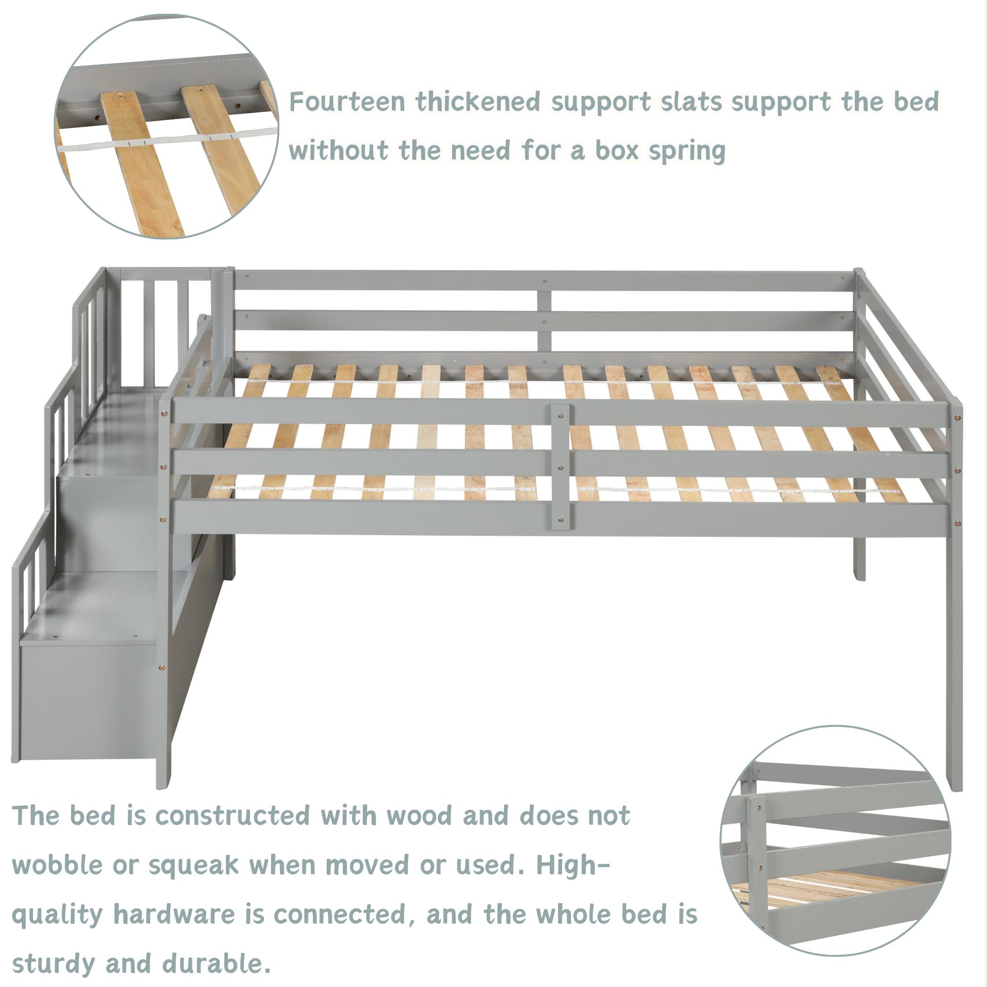 CITYLIGHT Low Loft Bed with Staircase,Twin Size Kids Loft Bed with Step Storage,Wood Loft Bed Frame Twin with Safety Guardrails for Girls, Boys,Grey