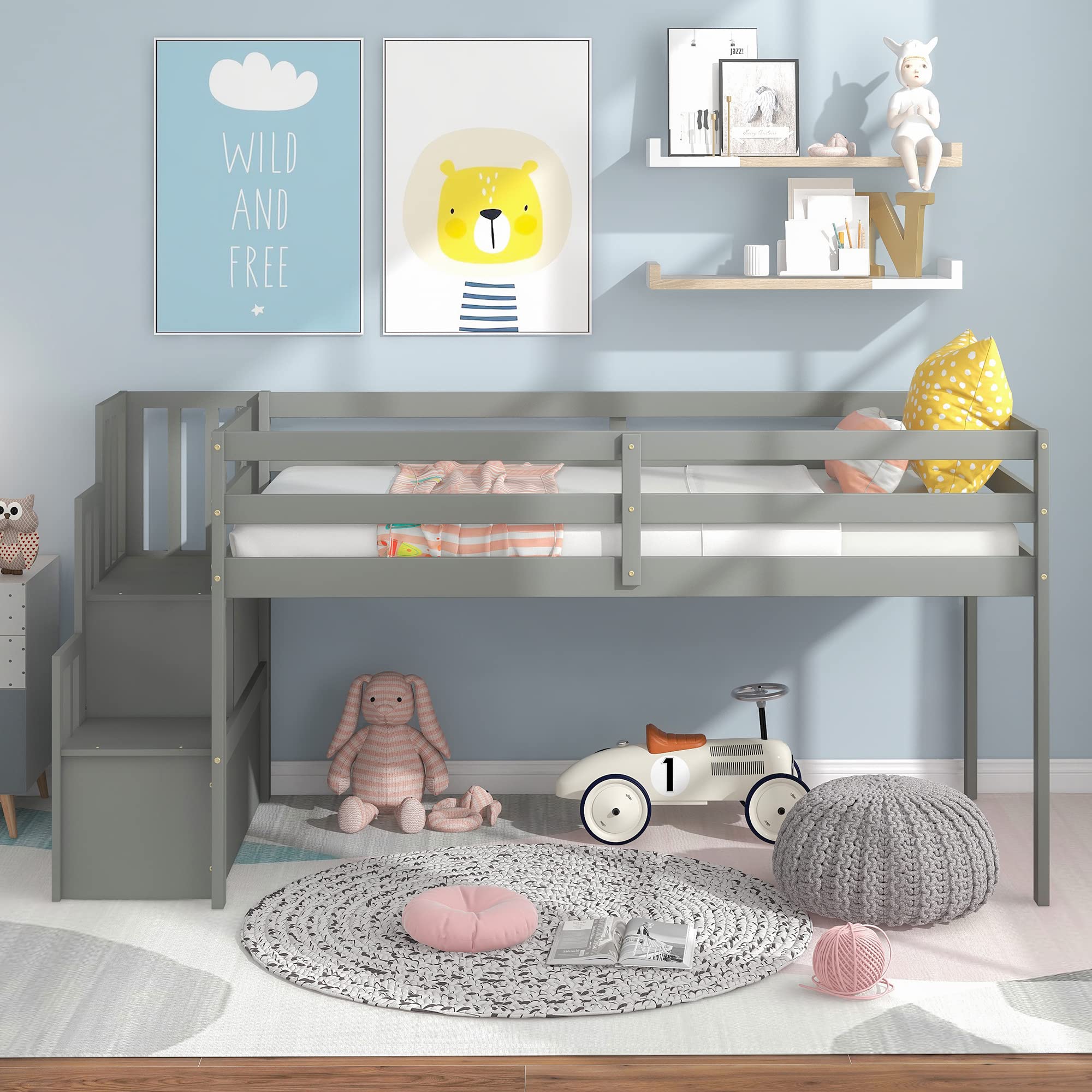 CITYLIGHT Low Loft Bed with Staircase,Twin Size Kids Loft Bed with Step Storage,Wood Loft Bed Frame Twin with Safety Guardrails for Girls, Boys,Grey