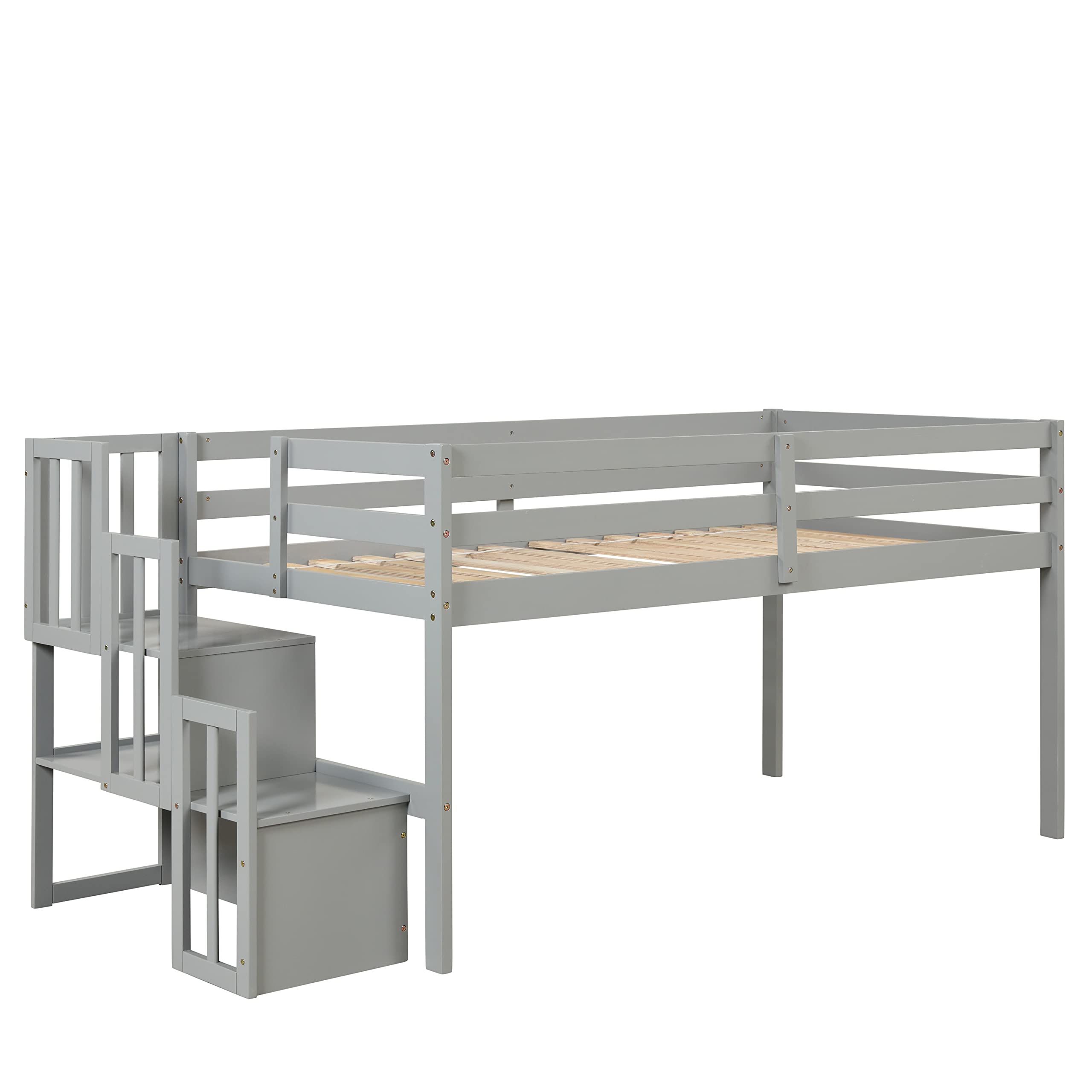 CITYLIGHT Low Loft Bed with Staircase,Twin Size Kids Loft Bed with Step Storage,Wood Loft Bed Frame Twin with Safety Guardrails for Girls, Boys,Grey