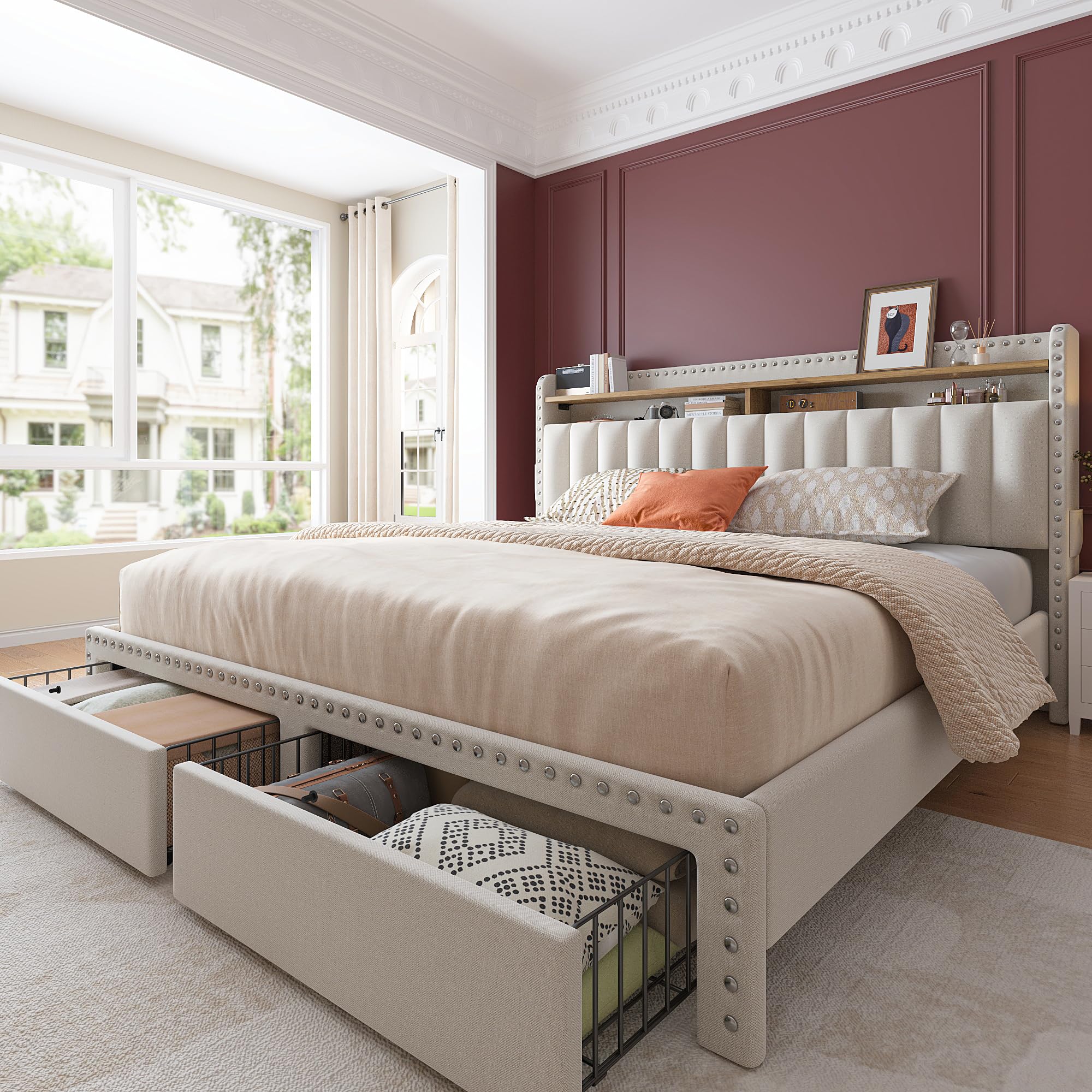 EnHomee Queen Bed Frame with Headboard and Storage, Upholstered Queen Bed Frame with Storage, Queen Size Bed Frame with 2 Drawers, Queen Size Bed Frame with Storage, NO Noise,No Box Spring Needed