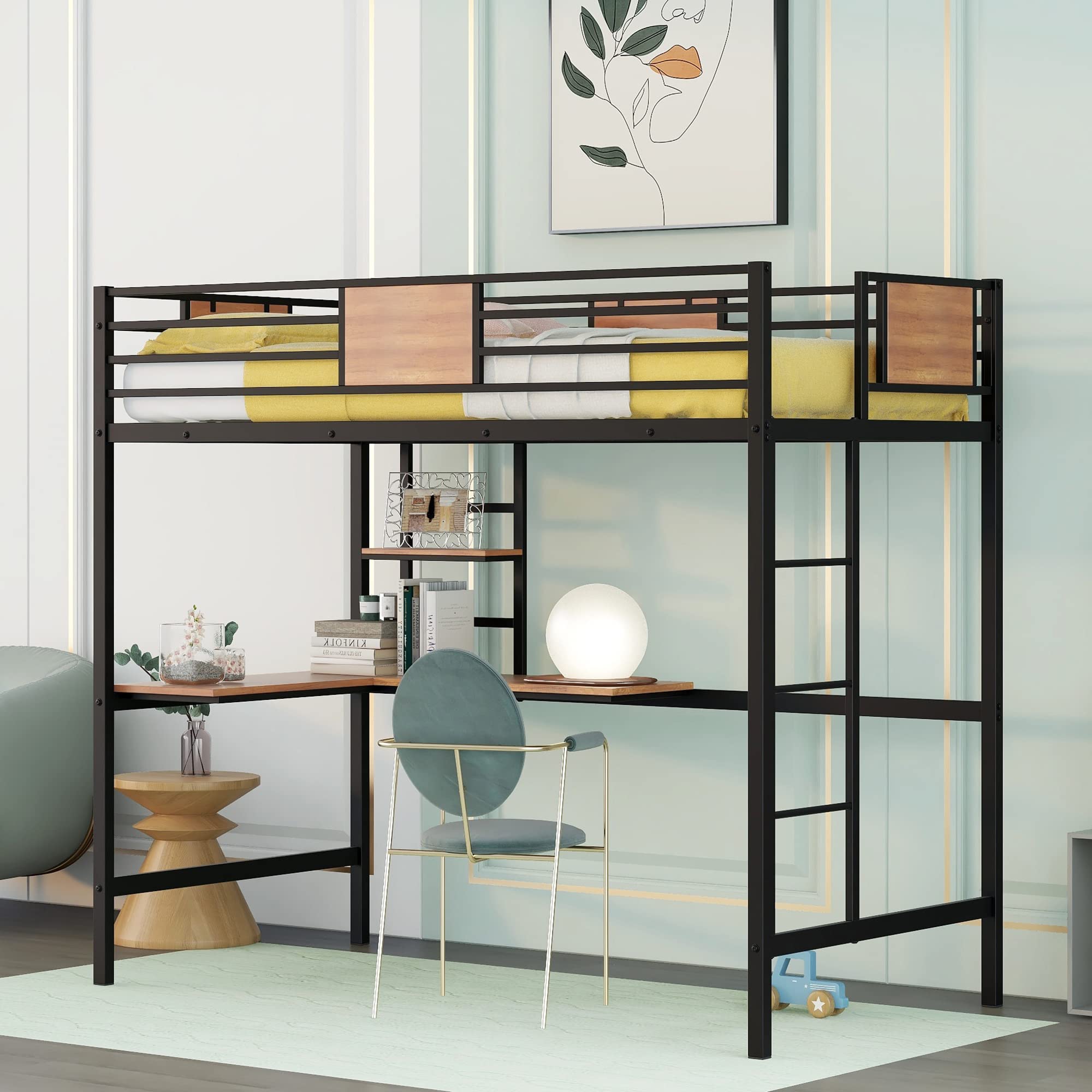 Metal Loft Bed Frame, Twin Size Loft Bed with Desk and Storage Shelves, Metal Bed Frame with Safe Guardrail & Ladder for Kids Teens Adults, Space Saving Loft Bed, No Box Spring Needed (Black 1)