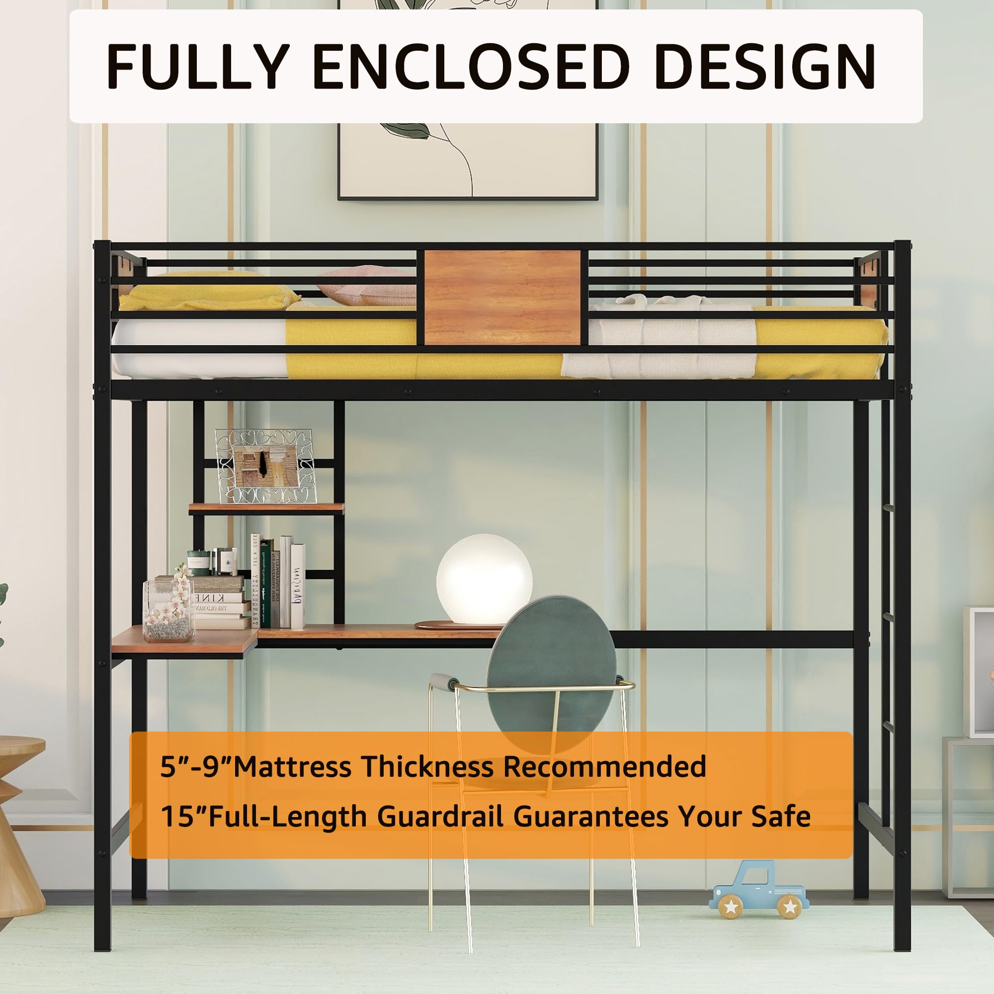 Metal Loft Bed Frame, Twin Size Loft Bed with Desk and Storage Shelves, Metal Bed Frame with Safe Guardrail & Ladder for Kids Teens Adults, Space Saving Loft Bed, No Box Spring Needed (Black 1)