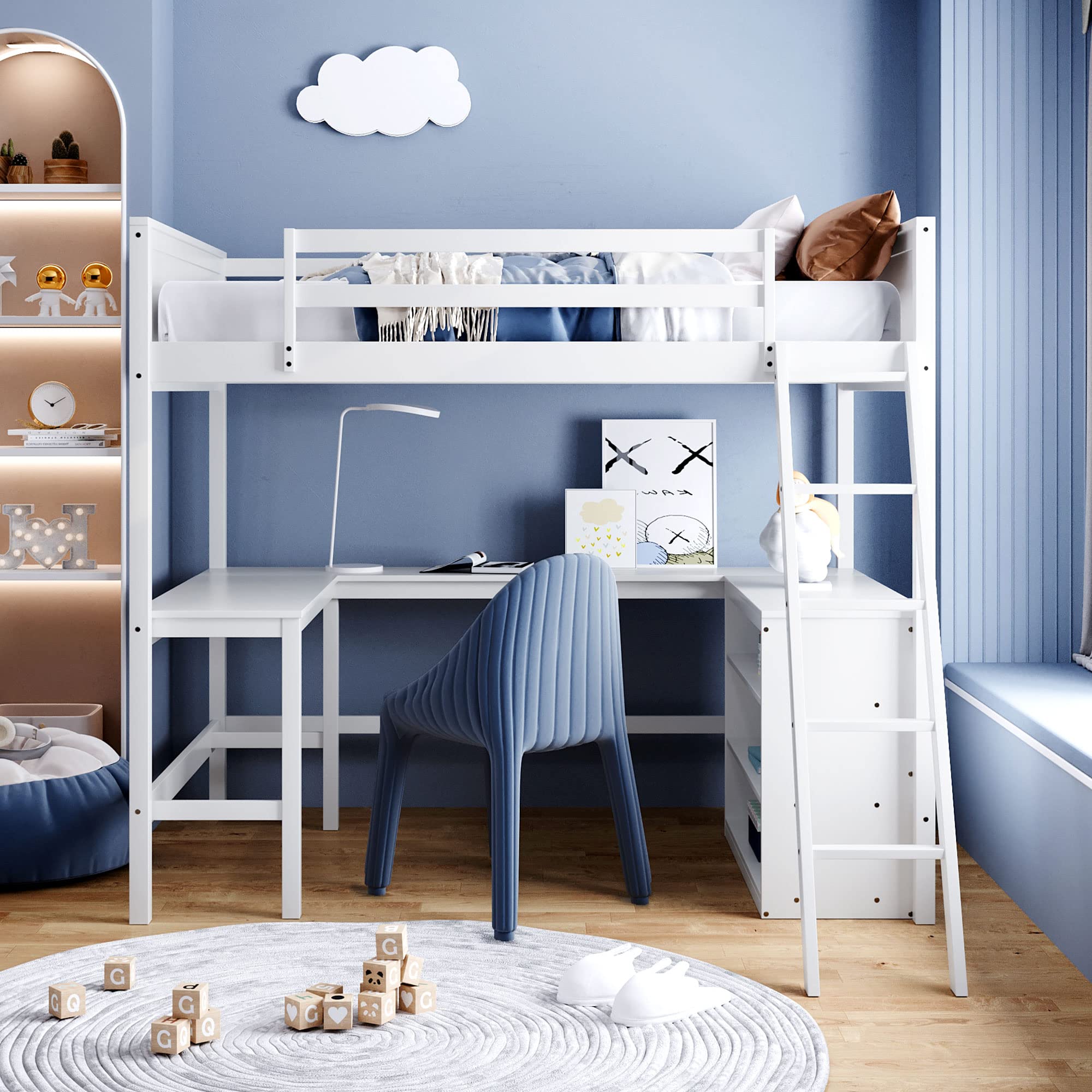 GINGVAT Full Size Loft Bed with Desk and Shelves, Wooden Bedframe and Safety Guardrails, Bedroom Furniture for Children/Teens, White