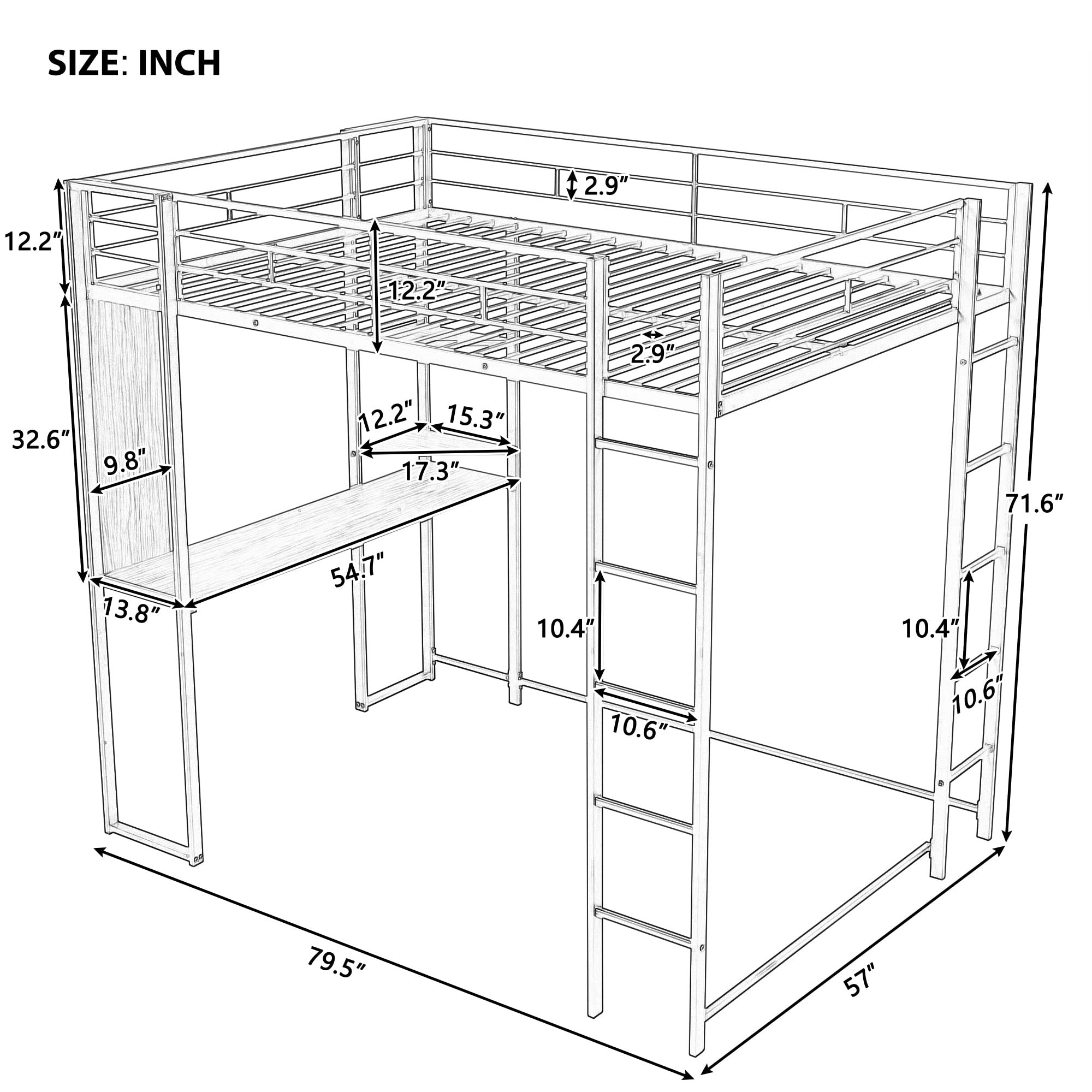 GINGVAT Full Size Metal Loft Bed with Desk and 2 Shelves,Metal Loft Bed Built-in Ladder,for Bedroom,Dorm,Apartment,Silver