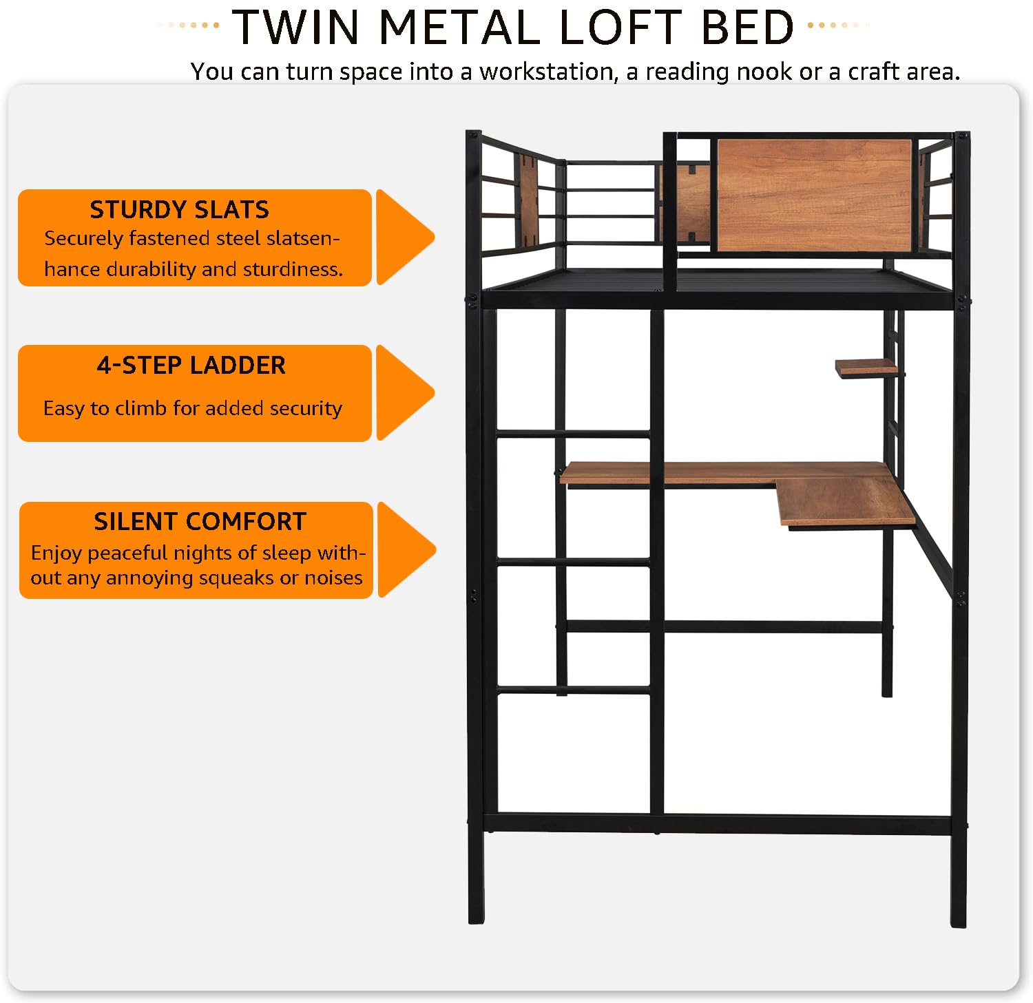 Metal Loft Bed Frame, Twin Size Loft Bed with Desk and Storage Shelves, Metal Bed Frame with Safe Guardrail & Ladder for Kids Teens Adults, Space Saving Loft Bed, No Box Spring Needed (Black 1)