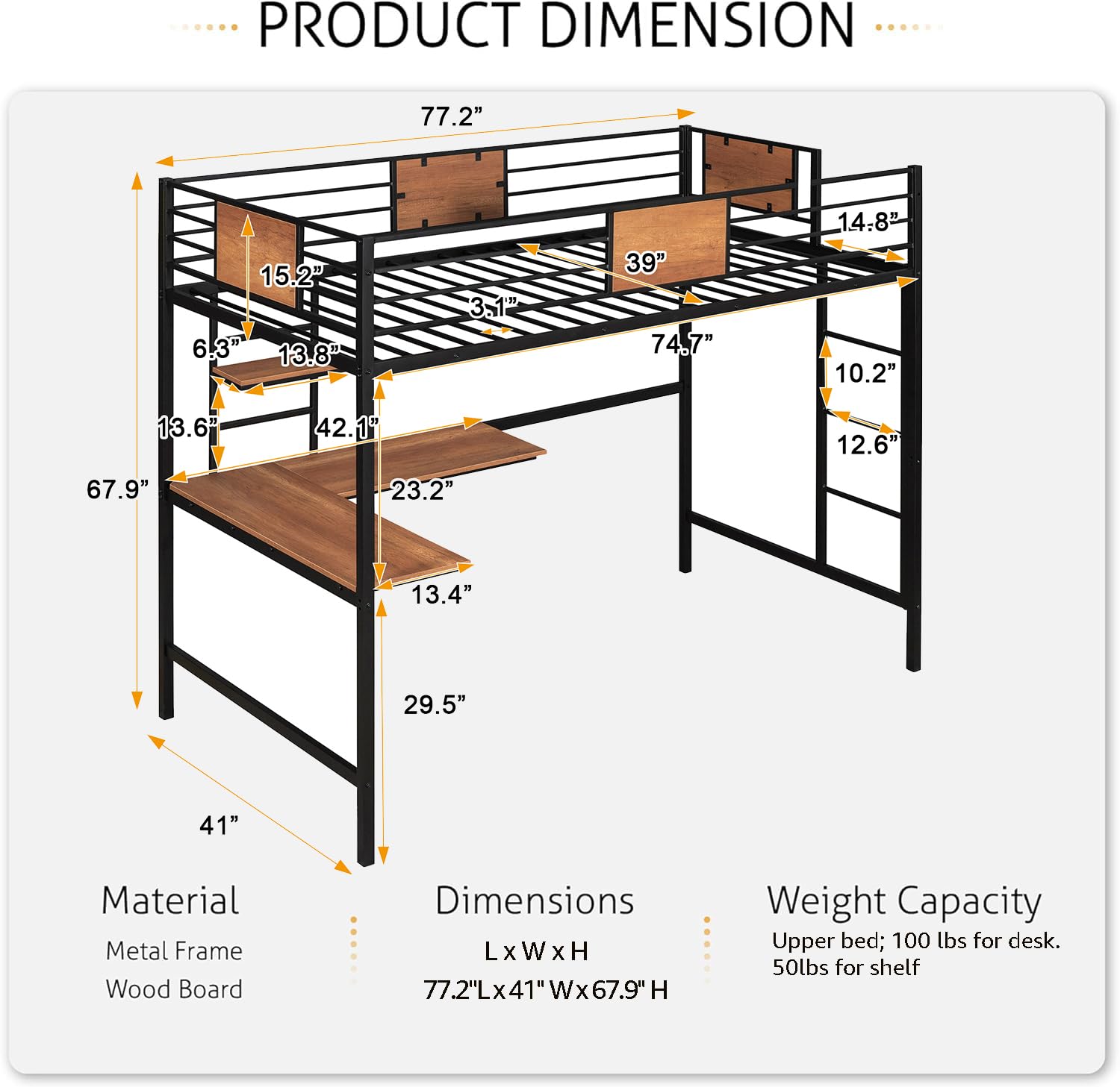 Metal Loft Bed Frame, Twin Size Loft Bed with Desk and Storage Shelves, Metal Bed Frame with Safe Guardrail & Ladder for Kids Teens Adults, Space Saving Loft Bed, No Box Spring Needed (Black 1)