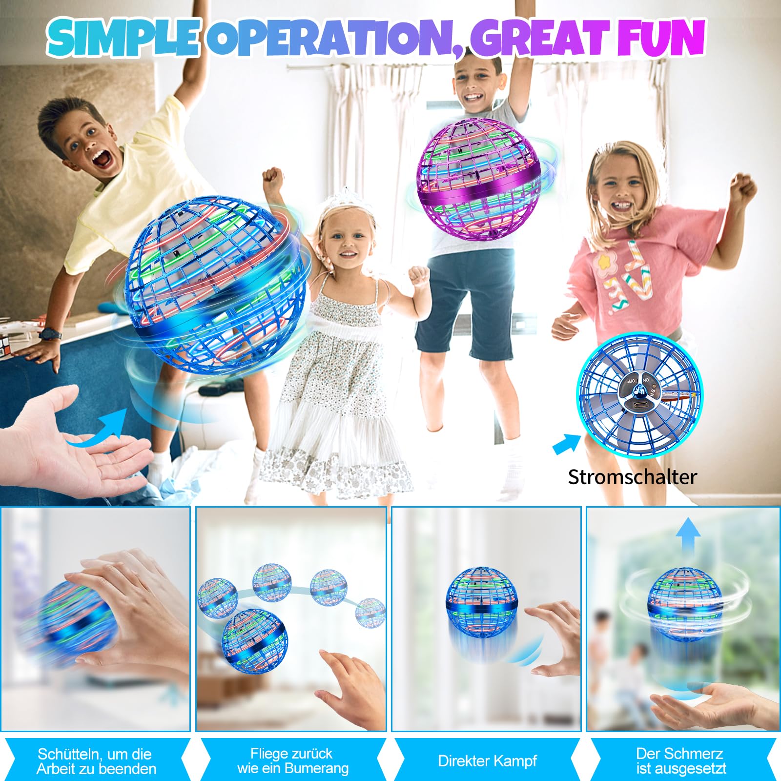 M&HONG 2 Pack Flying Orb Ball for Kids Adults, Hand Controlled Boomerang Ball, Soaring Flying Spinner Mini Drone, Hover Flying Ball Toy with LED Lights, Drone Ball Endless Tricks Gifts for Boys Girls