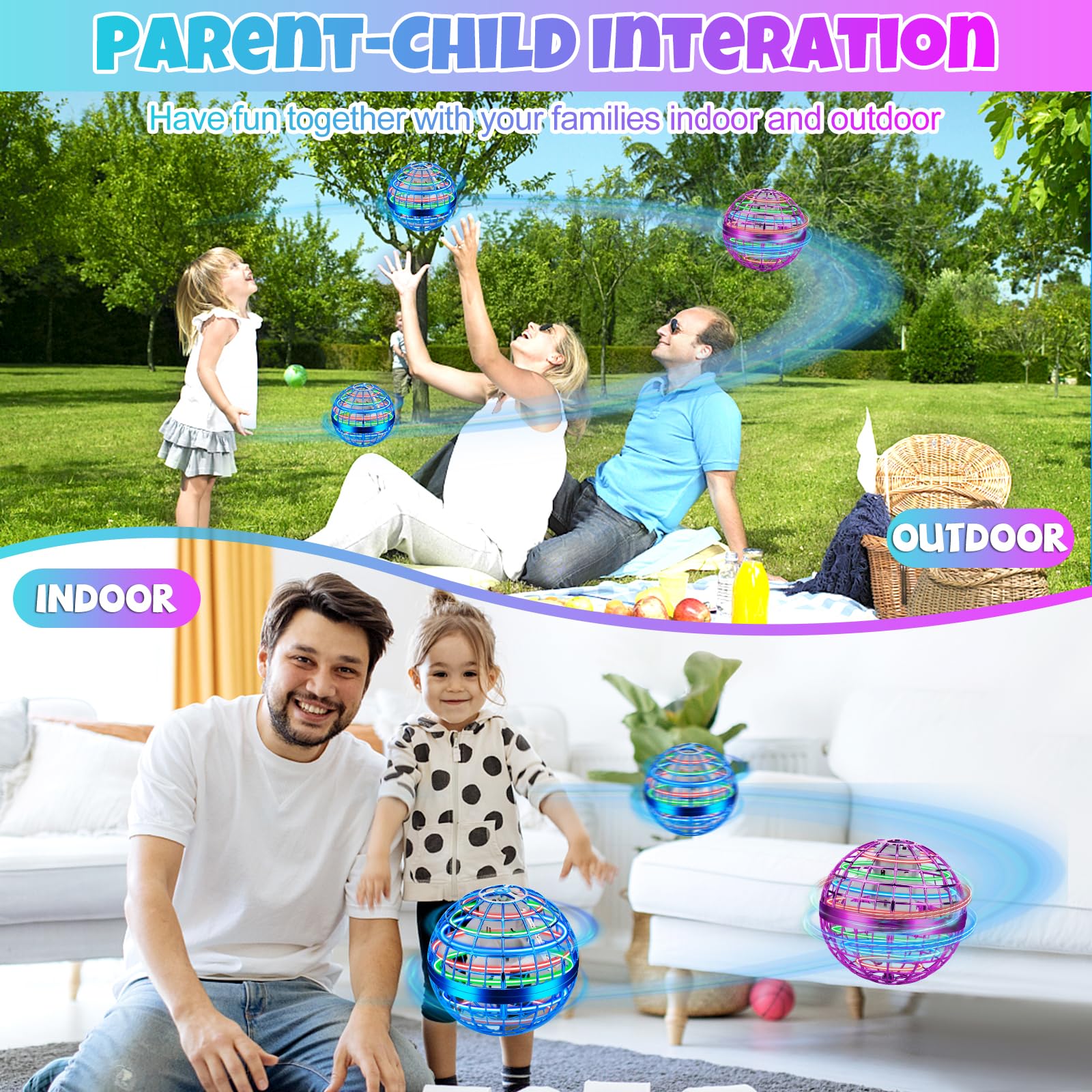 M&HONG 2 Pack Flying Orb Ball for Kids Adults, Hand Controlled Boomerang Ball, Soaring Flying Spinner Mini Drone, Hover Flying Ball Toy with LED Lights, Drone Ball Endless Tricks Gifts for Boys Girls