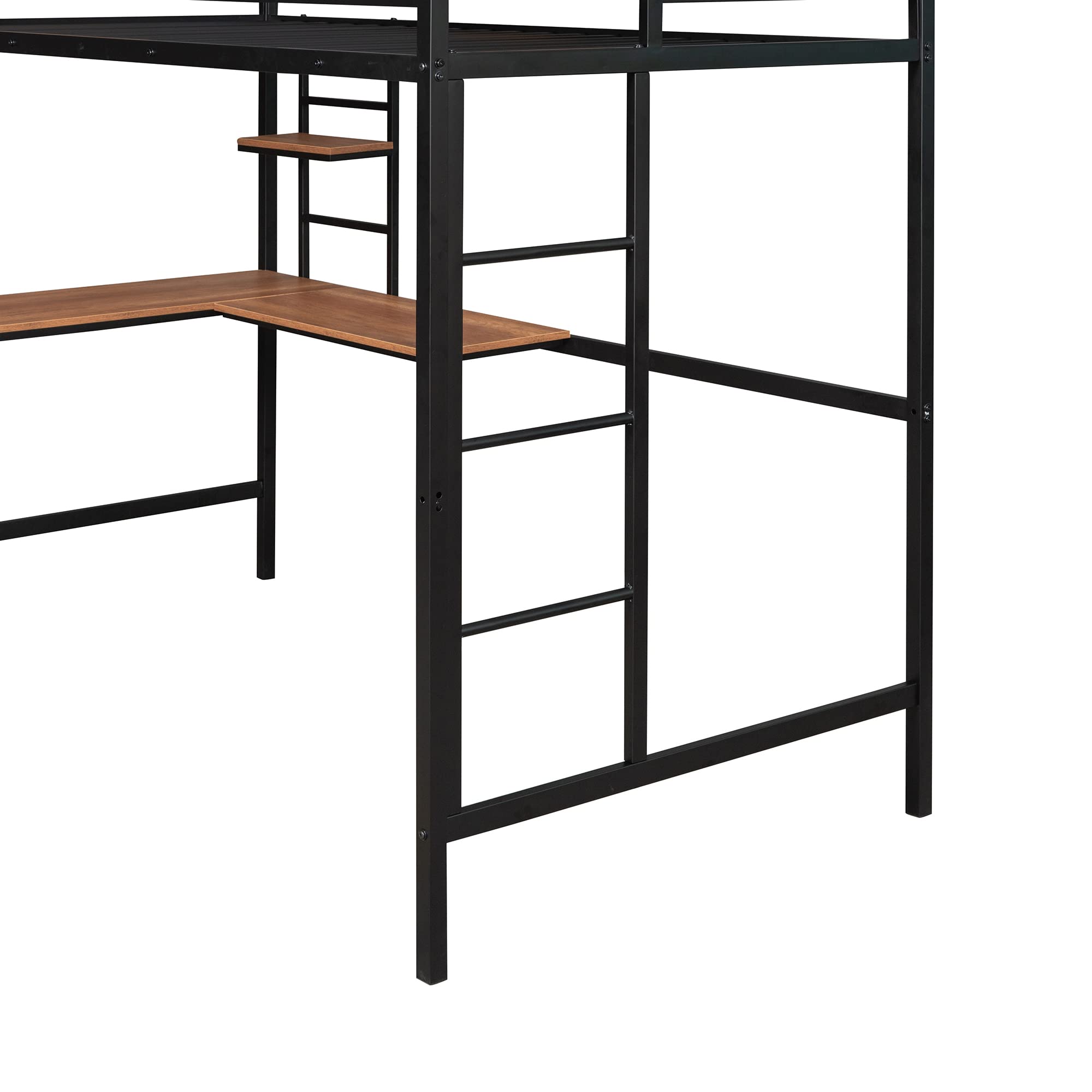 Metal Loft Bed Frame, Twin Size Loft Bed with Desk and Storage Shelves, Metal Bed Frame with Safe Guardrail & Ladder for Kids Teens Adults, Space Saving Loft Bed, No Box Spring Needed (Black 1)