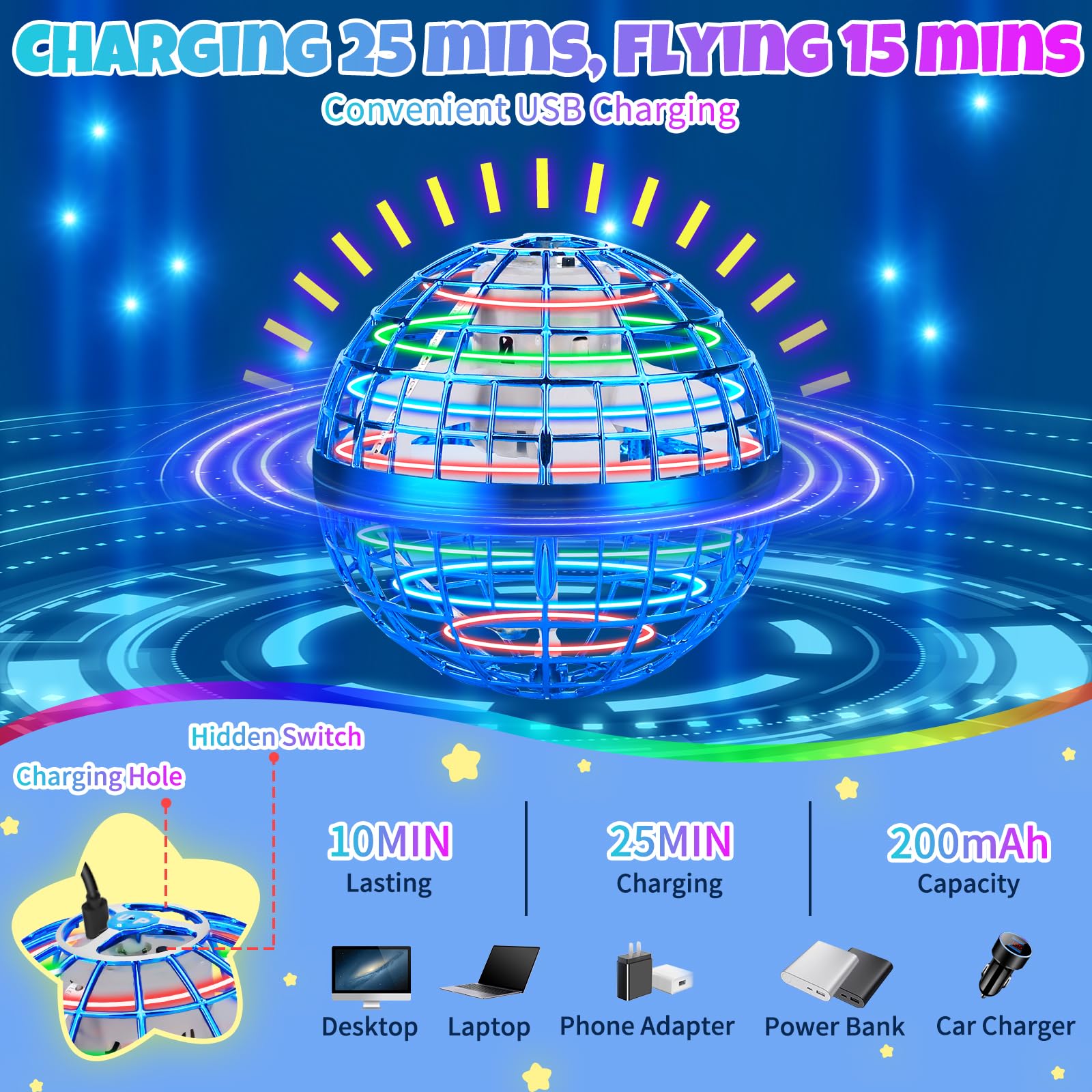 M&HONG 2 Pack Flying Orb Ball for Kids Adults, Hand Controlled Boomerang Ball, Soaring Flying Spinner Mini Drone, Hover Flying Ball Toy with LED Lights, Drone Ball Endless Tricks Gifts for Boys Girls