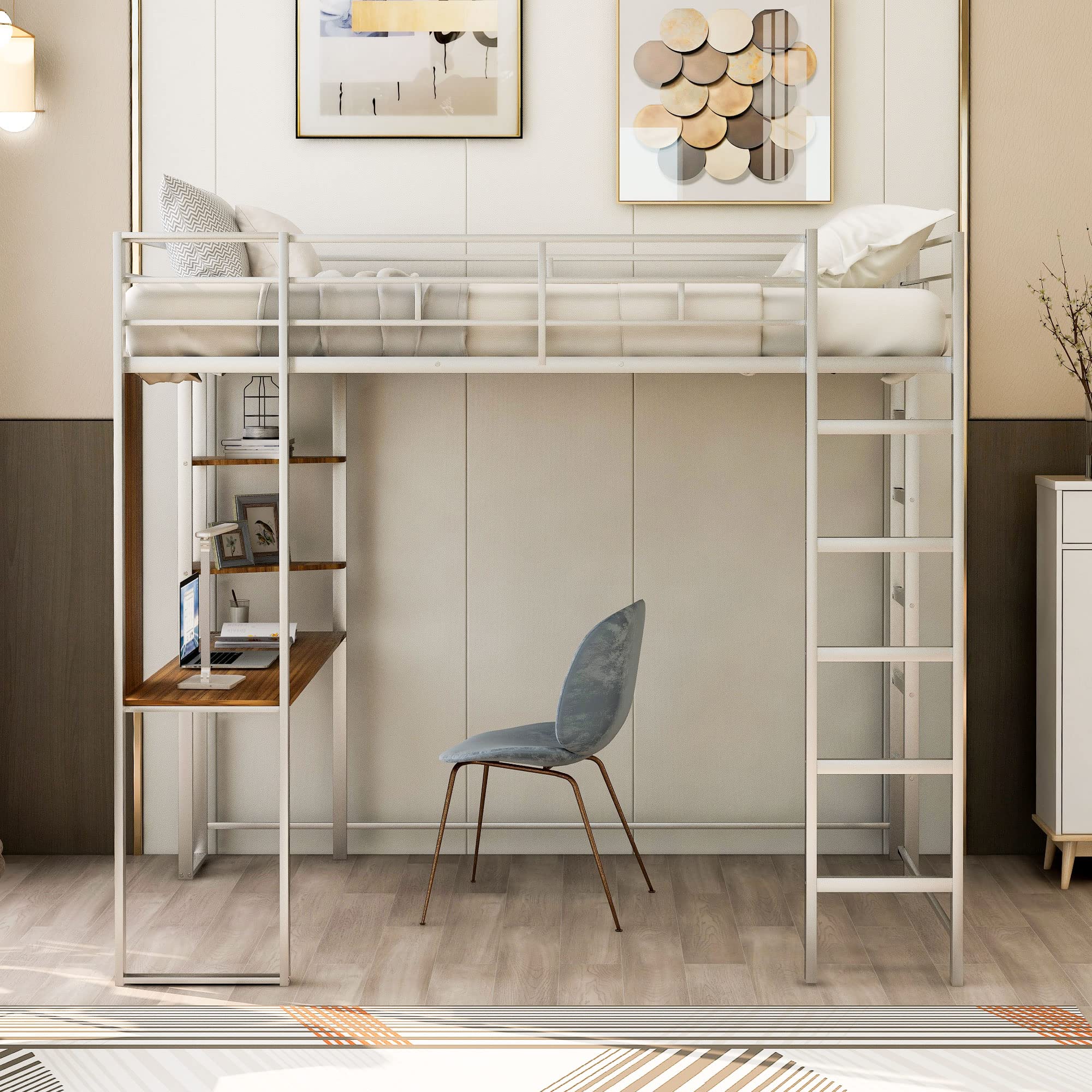 GINGVAT Full Size Metal Loft Bed with Desk and 2 Shelves,Metal Loft Bed Built-in Ladder,for Bedroom,Dorm,Apartment,Silver