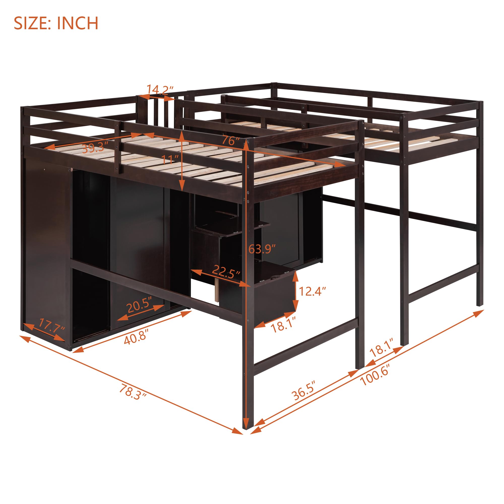BIADNBZ Wooden Double Twin Size Loft Bed with Two Wardrobes and Staircase for Kids/Teens/Bedroom,Espresso