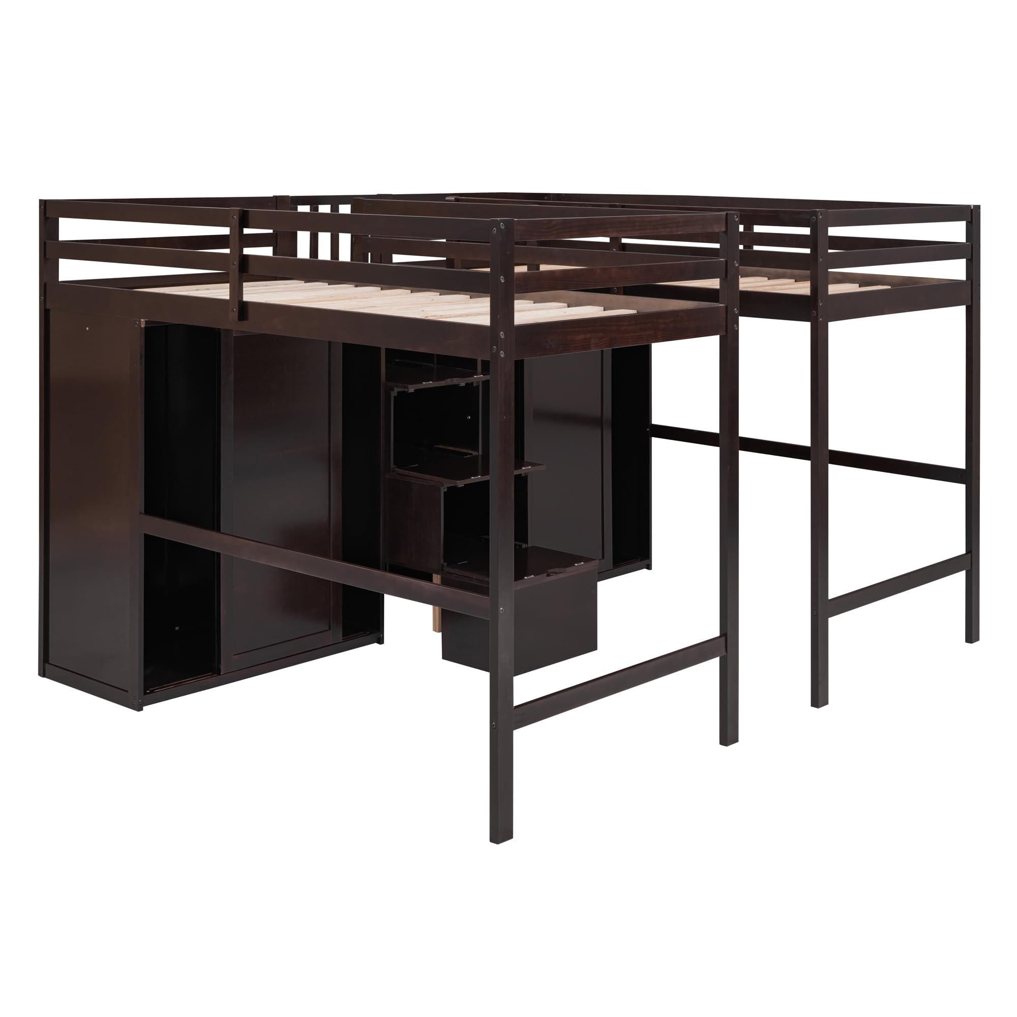 BIADNBZ Wooden Double Twin Size Loft Bed with Two Wardrobes and Staircase for Kids/Teens/Bedroom,Espresso