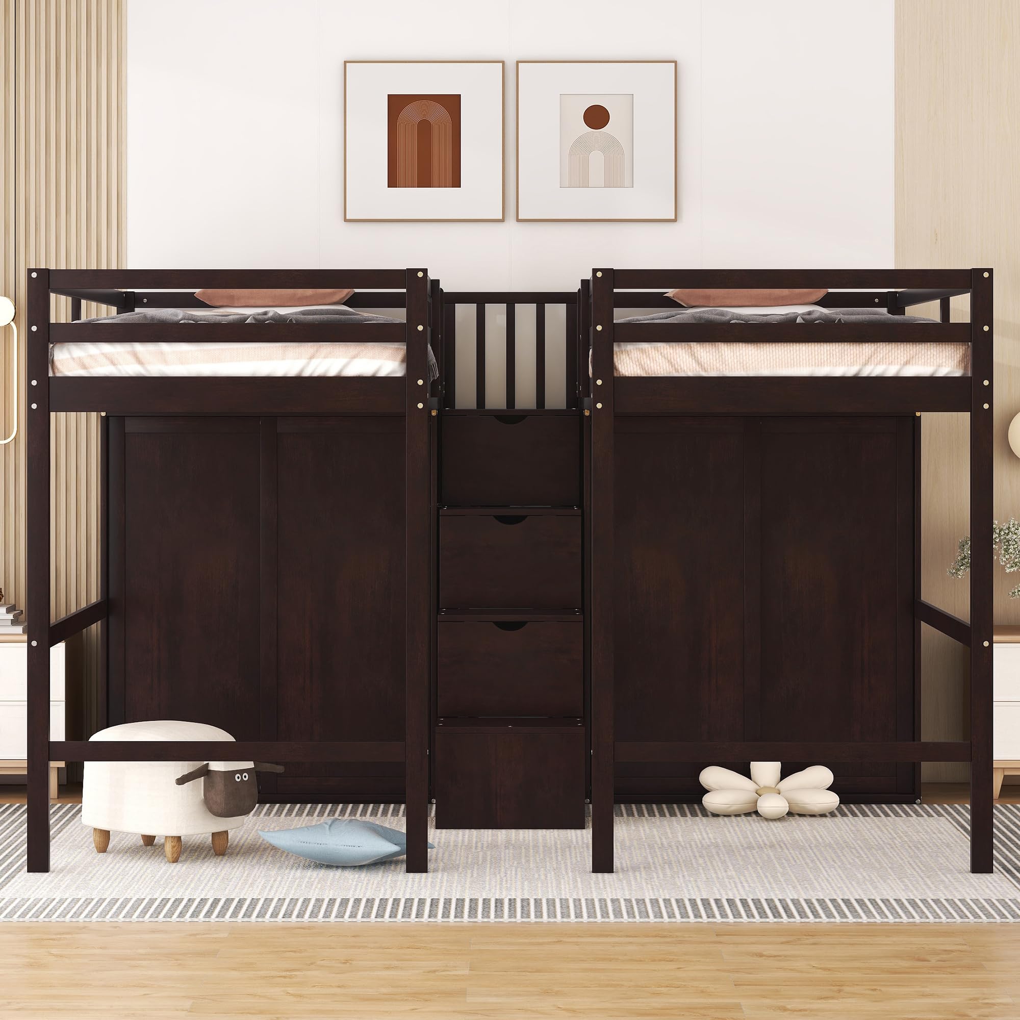 BIADNBZ Wooden Double Twin Size Loft Bed with Two Wardrobes and Staircase for Kids/Teens/Bedroom,Espresso