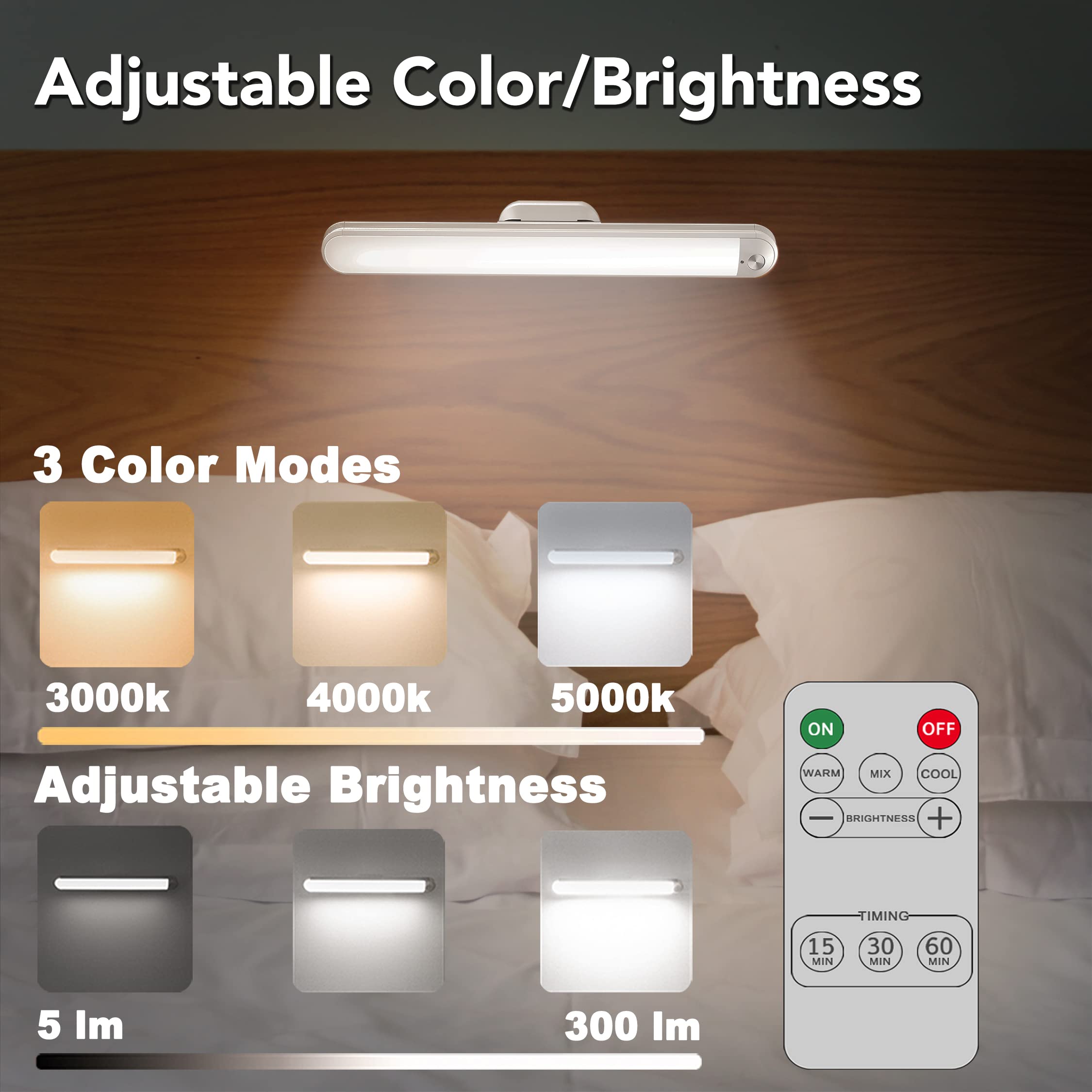 Bunk Bed Lights, 3 Colors 2400mAh 7W, Dimmable Touch 30 Led Light Bar with Remote Stick on Night Lamp for Kids, Wall Reading, Headboard, Bedroom, Rechargeable Under Cabinet Lighting