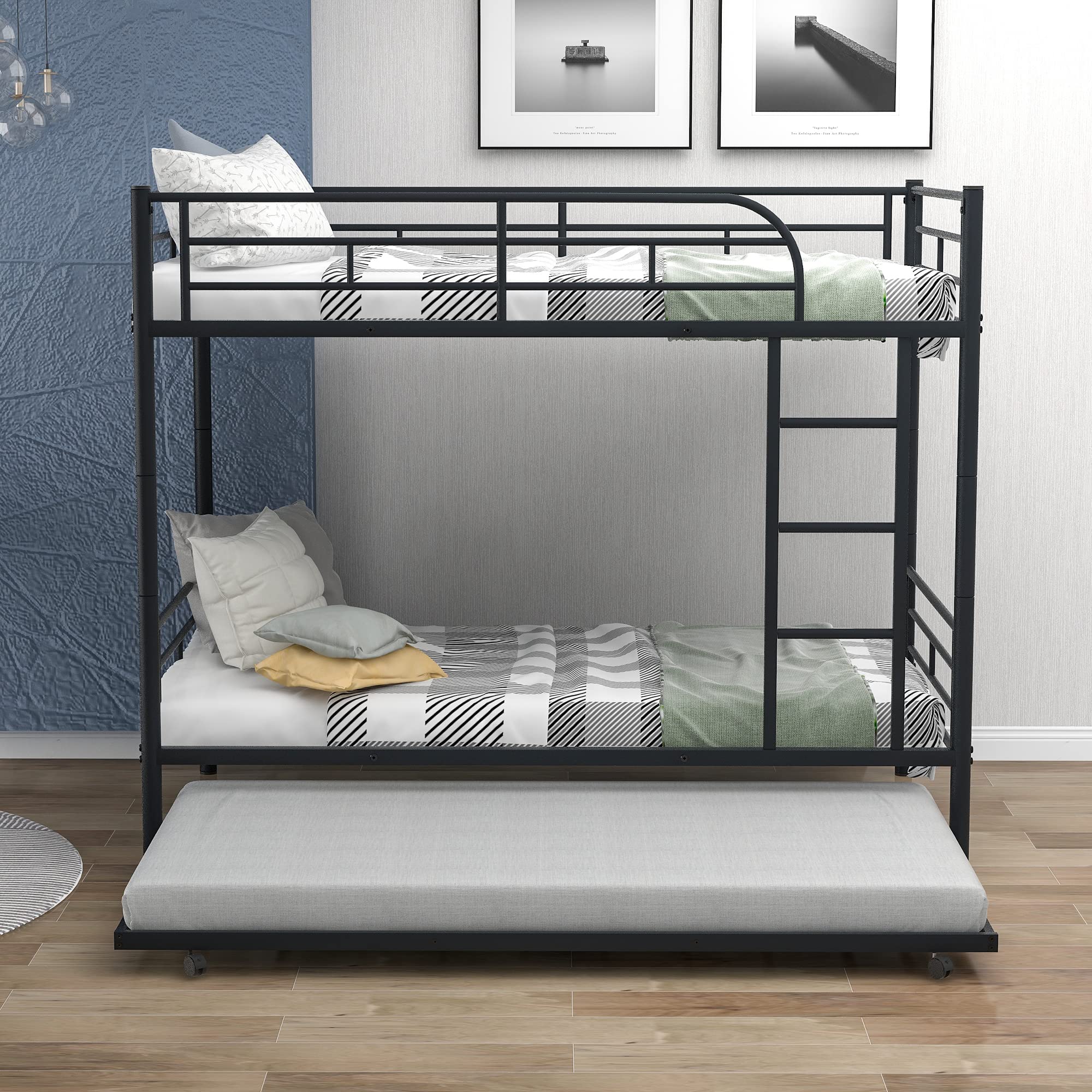 GINGVAT Twin Over Twin Metal Bunk Bed with Trundle and Ladder,Metal Bunk Bed Can be Divided into Two beds,No Spring Box Needed,for Bedroom,Apartment,Black