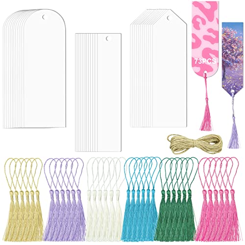 73Pcs Acrylic Bookmarks Blanks, Sublimation Acrylic Book Markers 3 Shape with Colorful Tassels, DIY Crafts Projects Sublimation Accessories for Women Teacher Kids Book Lovers (Style 1)