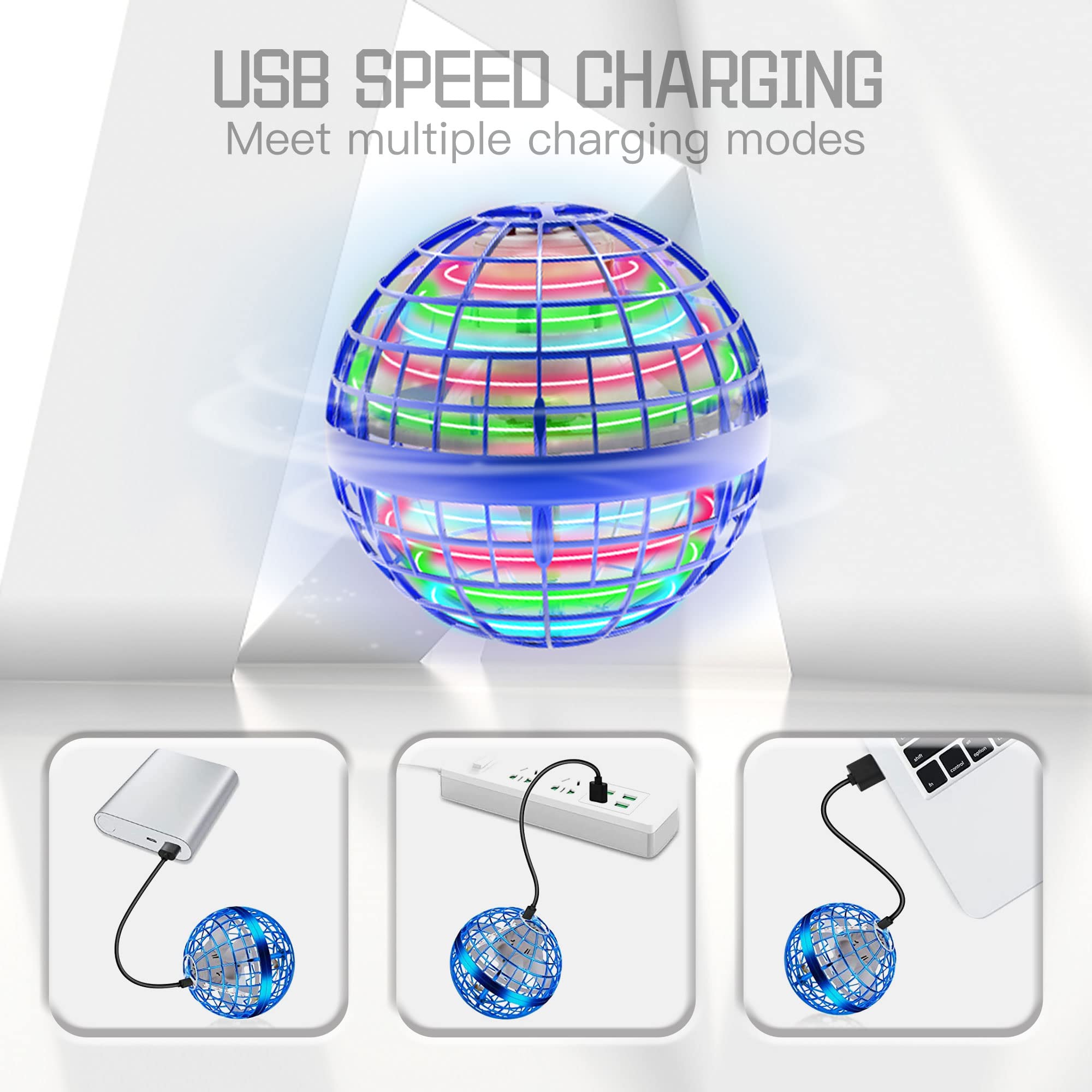 Flying Ball Toy Globe 360°Rotating Hand Controlled Orb Magic Led Lights Controller Mini Drone Boomerang Fly Spinners for Kids Adults Indoor Outdoor (Blue)
