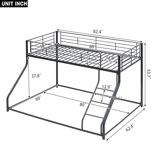 WADRI Metal Floor Bunk Bed with Ladder, Twin XL Over Queen Bunk Bed with Safety Guard Rails, Heavy Duty Metal Bed Frame for Kids Teens Adults Bedroom, Easy Assembly