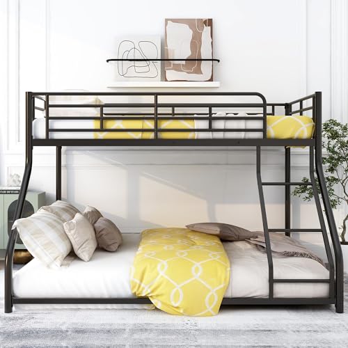 WADRI Metal Floor Bunk Bed with Ladder, Twin XL Over Queen Bunk Bed with Safety Guard Rails, Heavy Duty Metal Bed Frame for Kids Teens Adults Bedroom, Easy Assembly