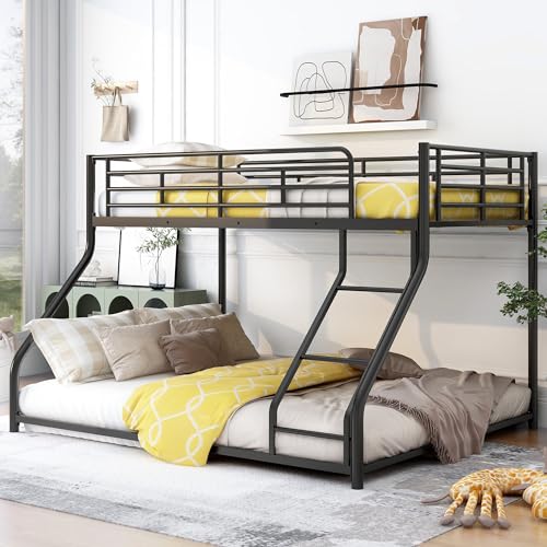 WADRI Metal Floor Bunk Bed with Ladder, Twin XL Over Queen Bunk Bed with Safety Guard Rails, Heavy Duty Metal Bed Frame for Kids Teens Adults Bedroom, Easy Assembly