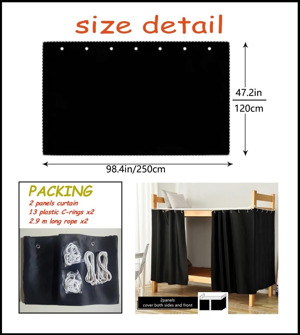 Lightolife Thickened Blackout Bunk Bed Curtains for Bottom Full, Install Accessory Included, 2 Panels, Black 47.2in