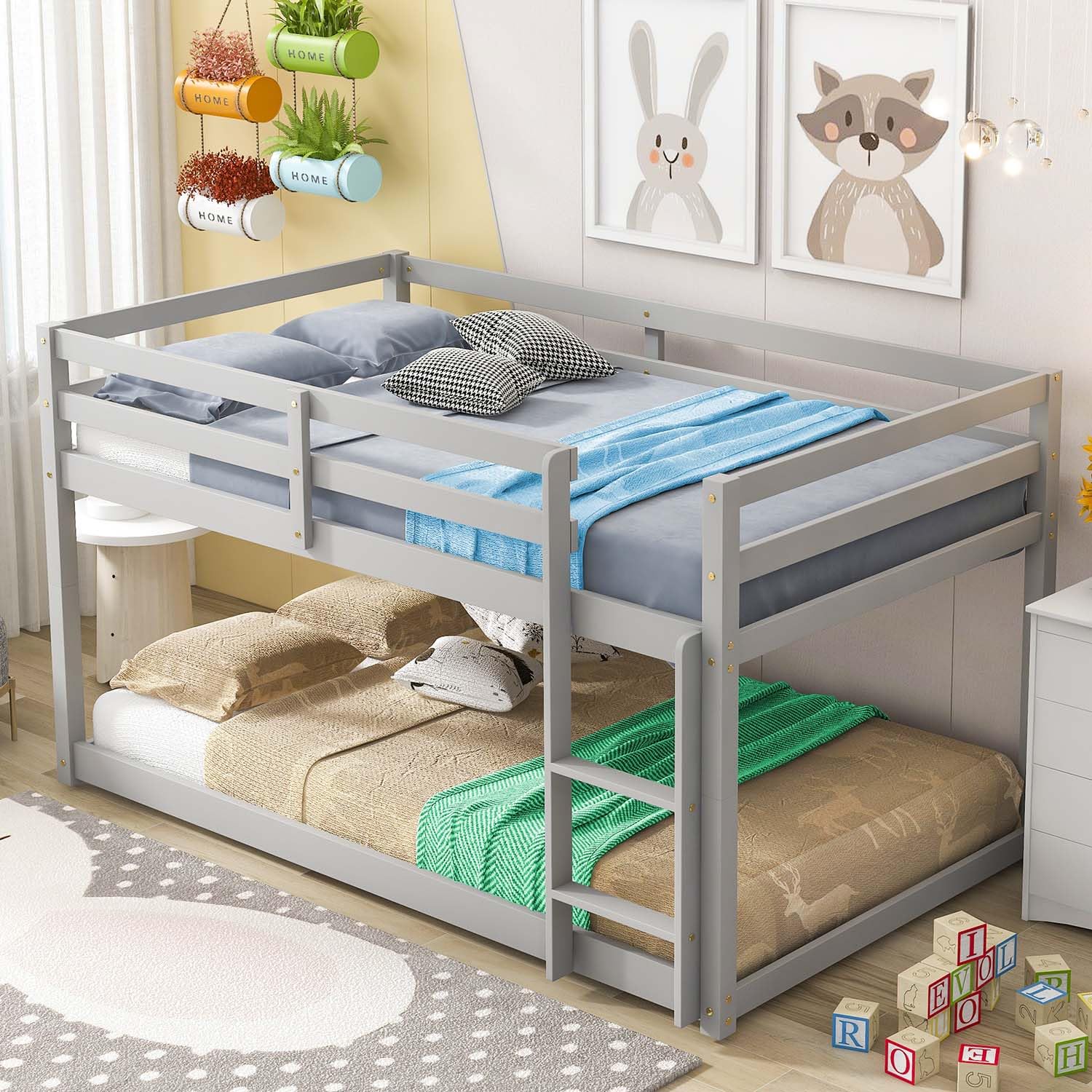 Anwick Twin Over Twin Low Bunk Bed with Stairs and Rails, Wooden Bunk Beds Frame with Safety Guardrail and Slats for Toddlers, Kids, Teens, Boys, Girls, Noise-Free (Grey)