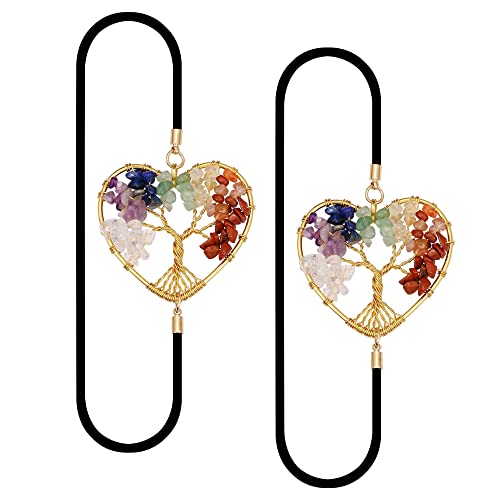 Yoption 2 Pack Tree of Life Elastic Bookmark, Golden Heart Shape Vintage Bookmarks with 7 Chakra Crystals Healing Stone Beaded Pendant for Student Teacher Graduation Mothers Day Christmas Gift