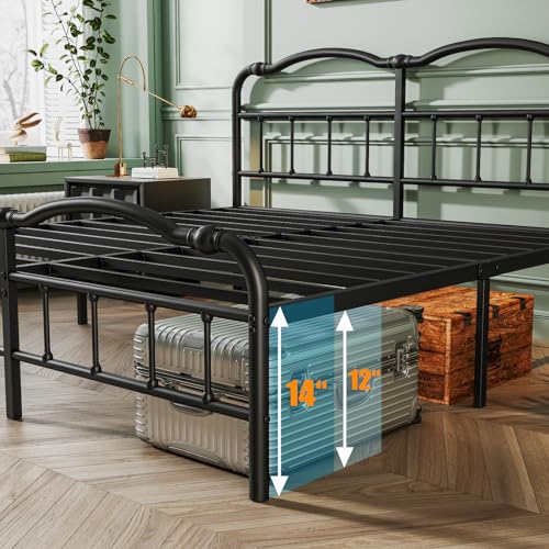 Cleaniago Queen Bed Frame with Headboard and Footboard, Vintage Style, Steel Slats, 14 Inch High and 3500 Pounds Weight Capacity, No Box Spring Needed Platform, Easy Assembly—Black