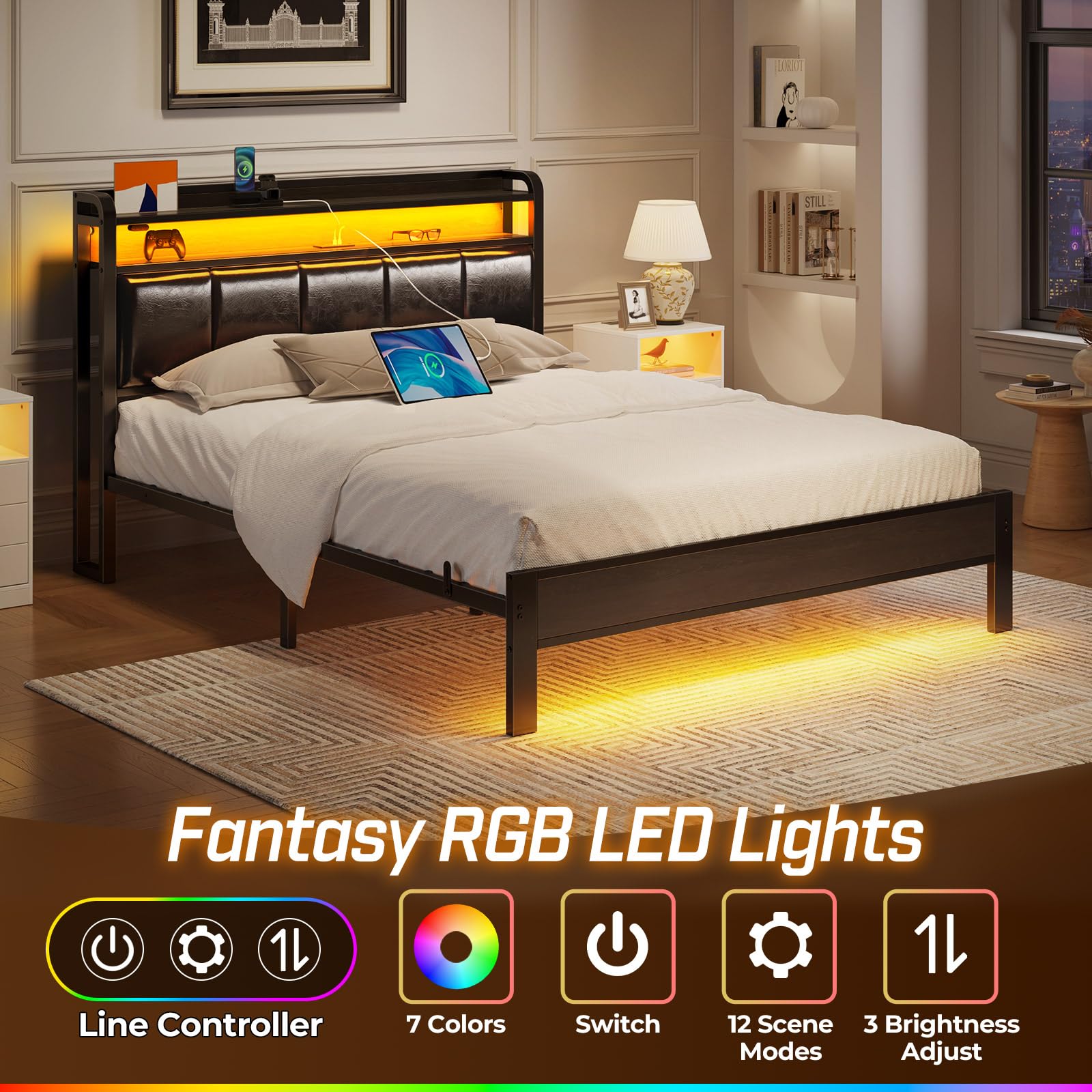 Rolanstar Bed Frame Queen Size with Charging Station and LED Lights, PU Leather Headboard with Storage Shelves, Heavy Duty Metal Slats, No Box Spring Need, Noise Free, Easy Assembly, Black