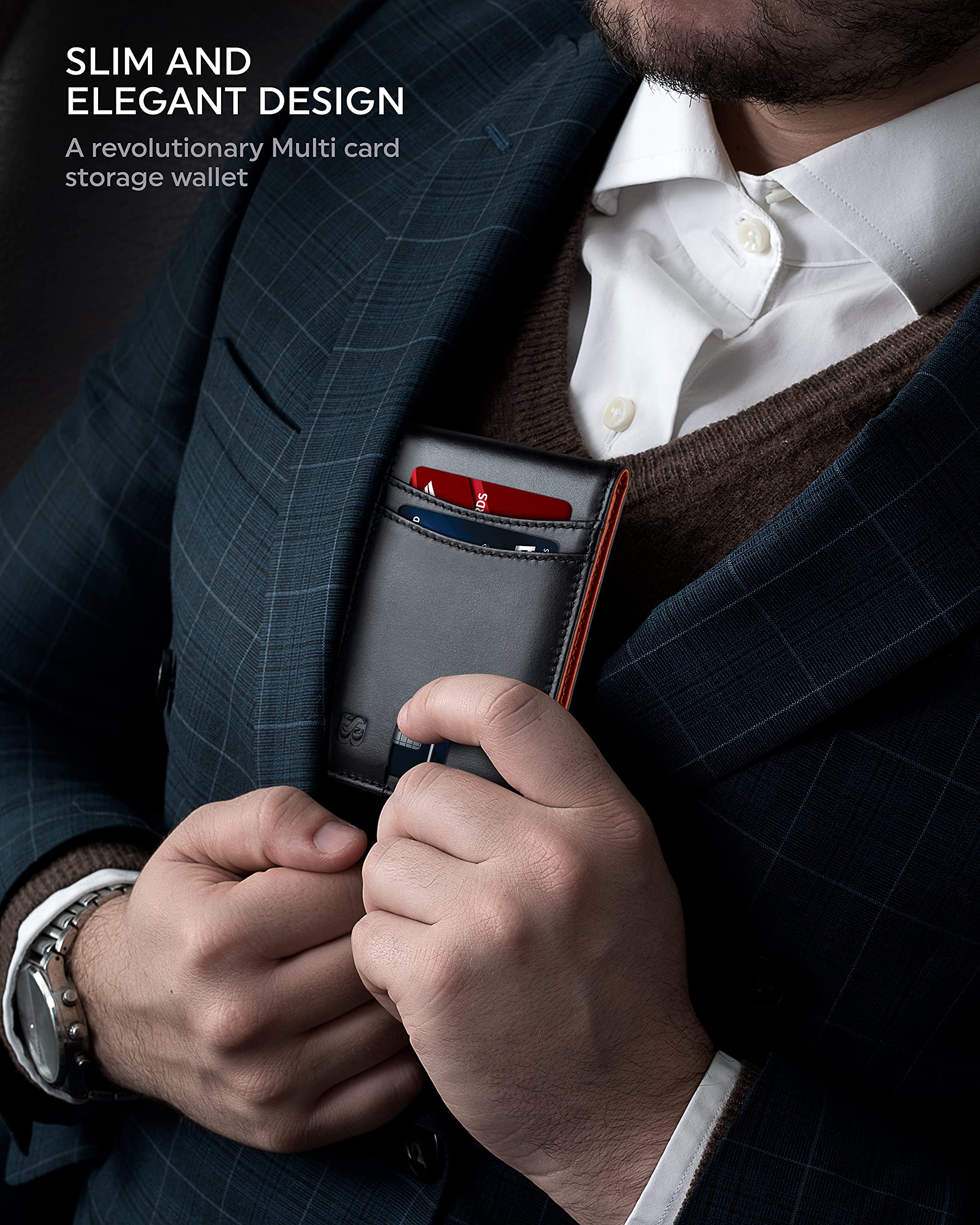SERMAN BRANDS Mens Money Clip Wallet. RFID Blocking Slim Front Pocket Wallets for Men, Full Grain Leather RFID Minimalist Card Holder (Titian Hue Navigator)