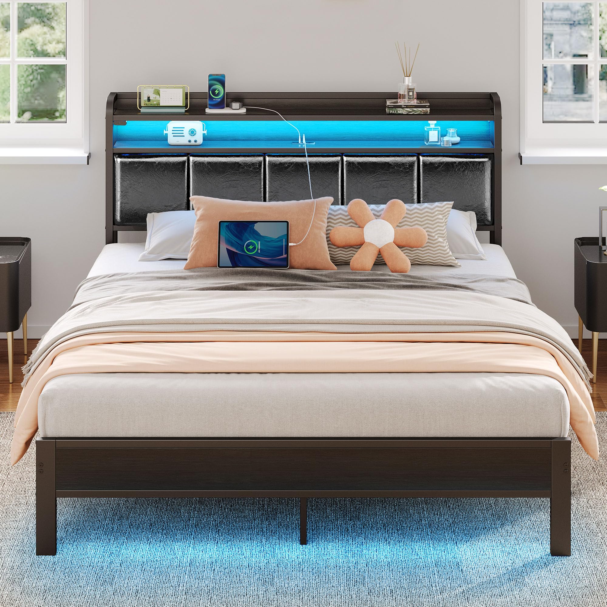 Rolanstar Bed Frame Queen Size with Charging Station and LED Lights, PU Leather Headboard with Storage Shelves, Heavy Duty Metal Slats, No Box Spring Need, Noise Free, Easy Assembly, Black