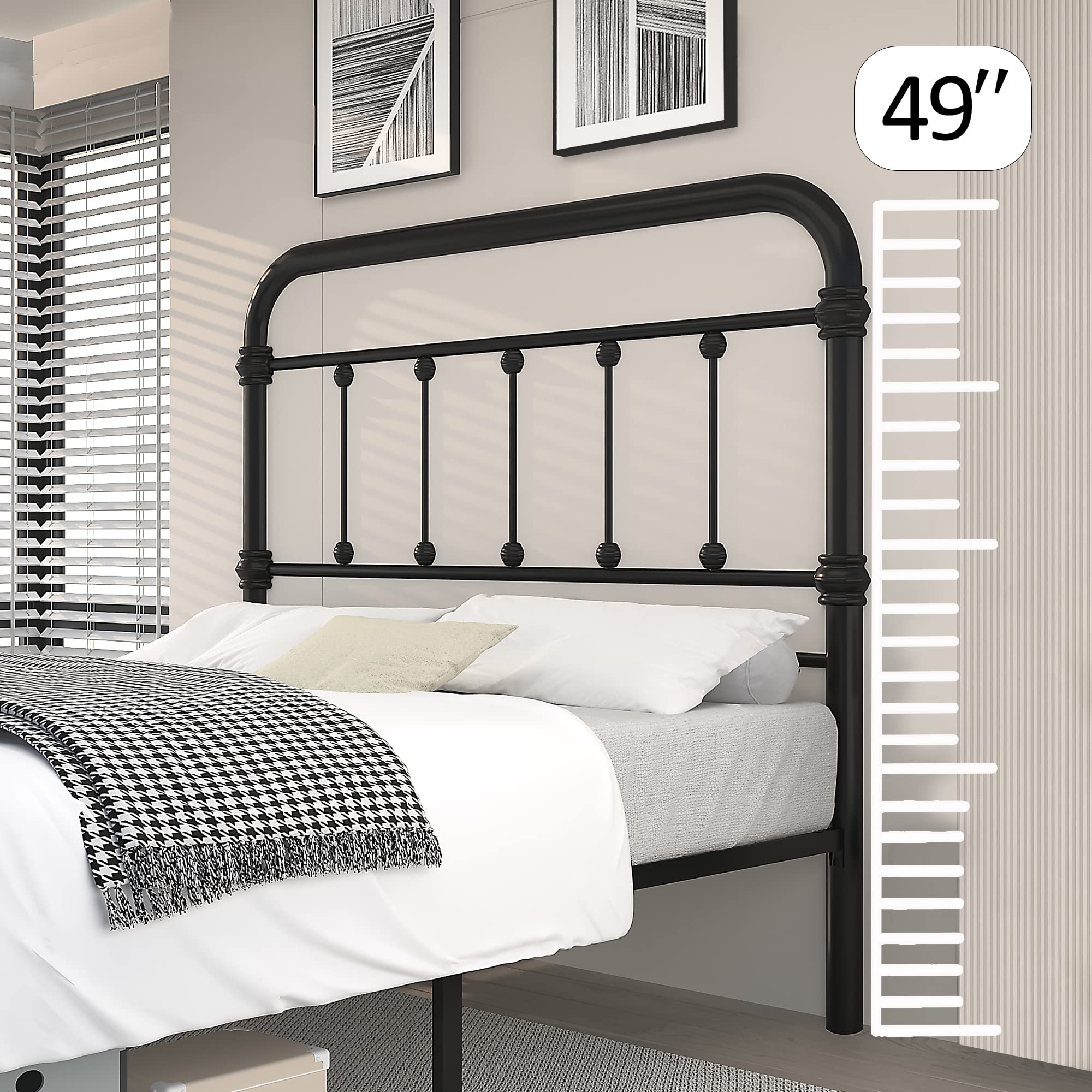 Macbimony Queen-Bed-Frame with headboard Giselle-Vintage Antique-Metal - Platform Mattress Foundation,49 inch High,No Box Spring Needed(Black)