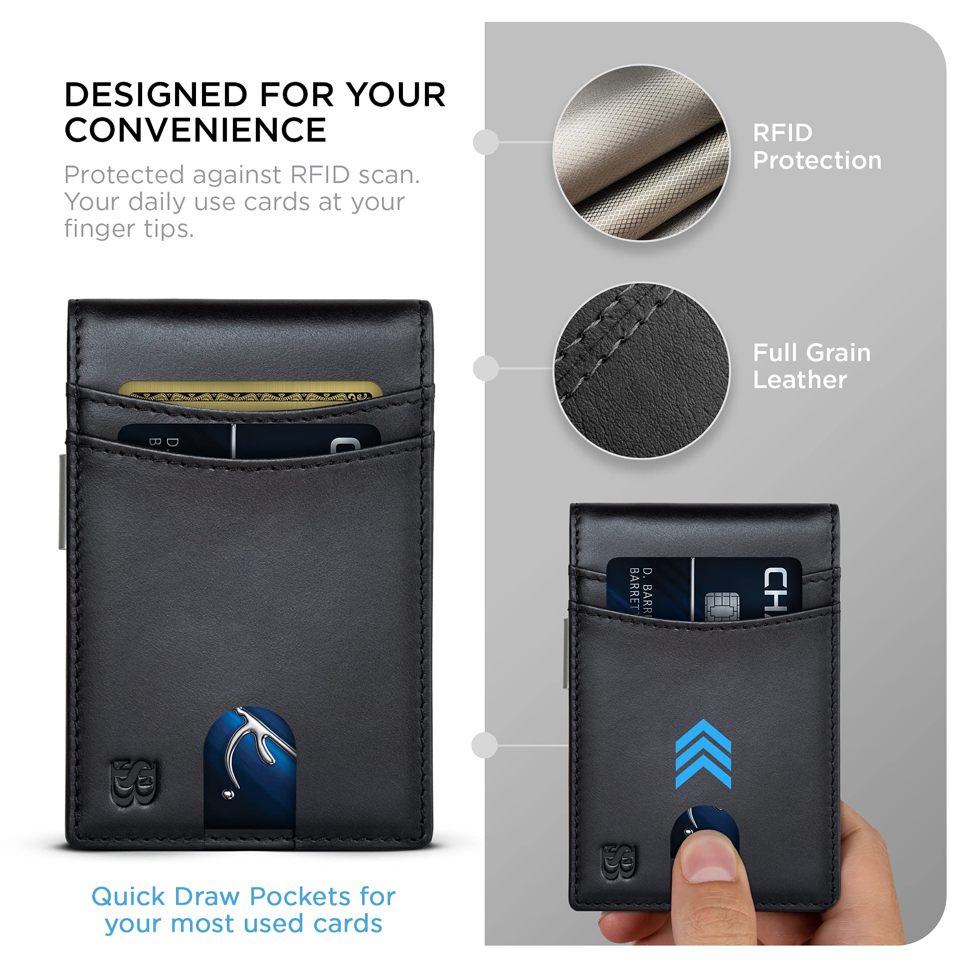 SERMAN BRANDS Mens Money Clip Wallet. RFID Blocking Slim Front Pocket Wallets for Men, Full Grain Leather RFID Minimalist Card Holder (Titian Hue Navigator)