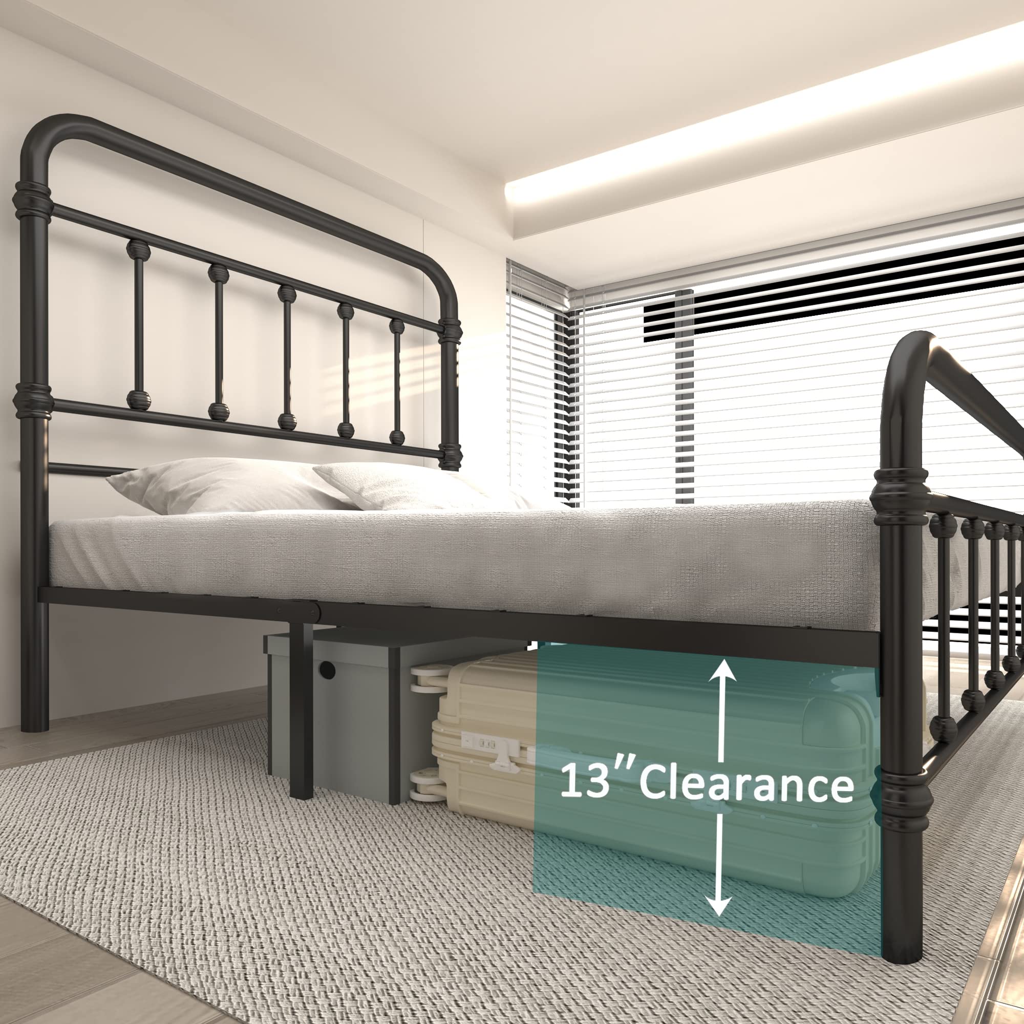 Macbimony Queen-Bed-Frame with headboard Giselle-Vintage Antique-Metal - Platform Mattress Foundation,49 inch High,No Box Spring Needed(Black)