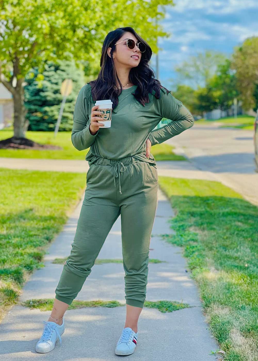 PRETTYGARDEN Women's Fall 2 Piece Lounge Outfit Long Sleeve Crewneck Pullover Tops High Waisted Pants Set Tracksuit (Light Green,Medium)