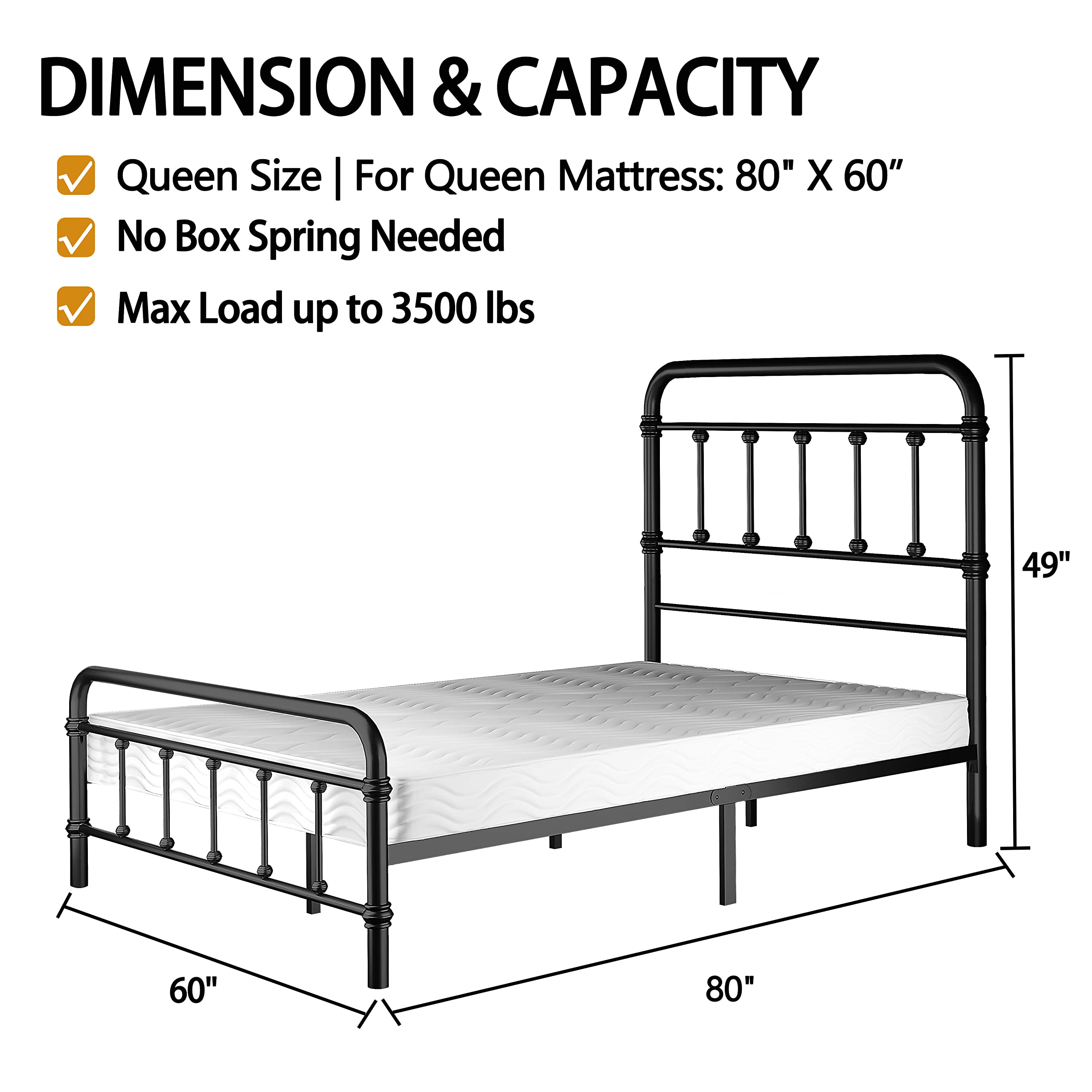 Macbimony Queen-Bed-Frame with headboard Giselle-Vintage Antique-Metal - Platform Mattress Foundation,49 inch High,No Box Spring Needed(Black)