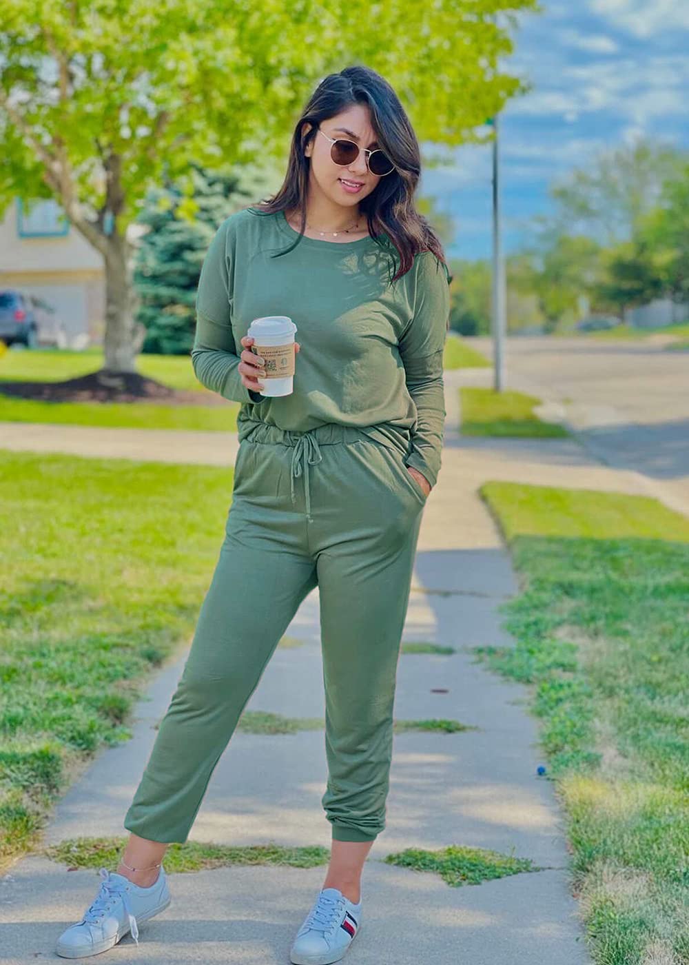 PRETTYGARDEN Women's Fall 2 Piece Lounge Outfit Long Sleeve Crewneck Pullover Tops High Waisted Pants Set Tracksuit (Light Green,Medium)