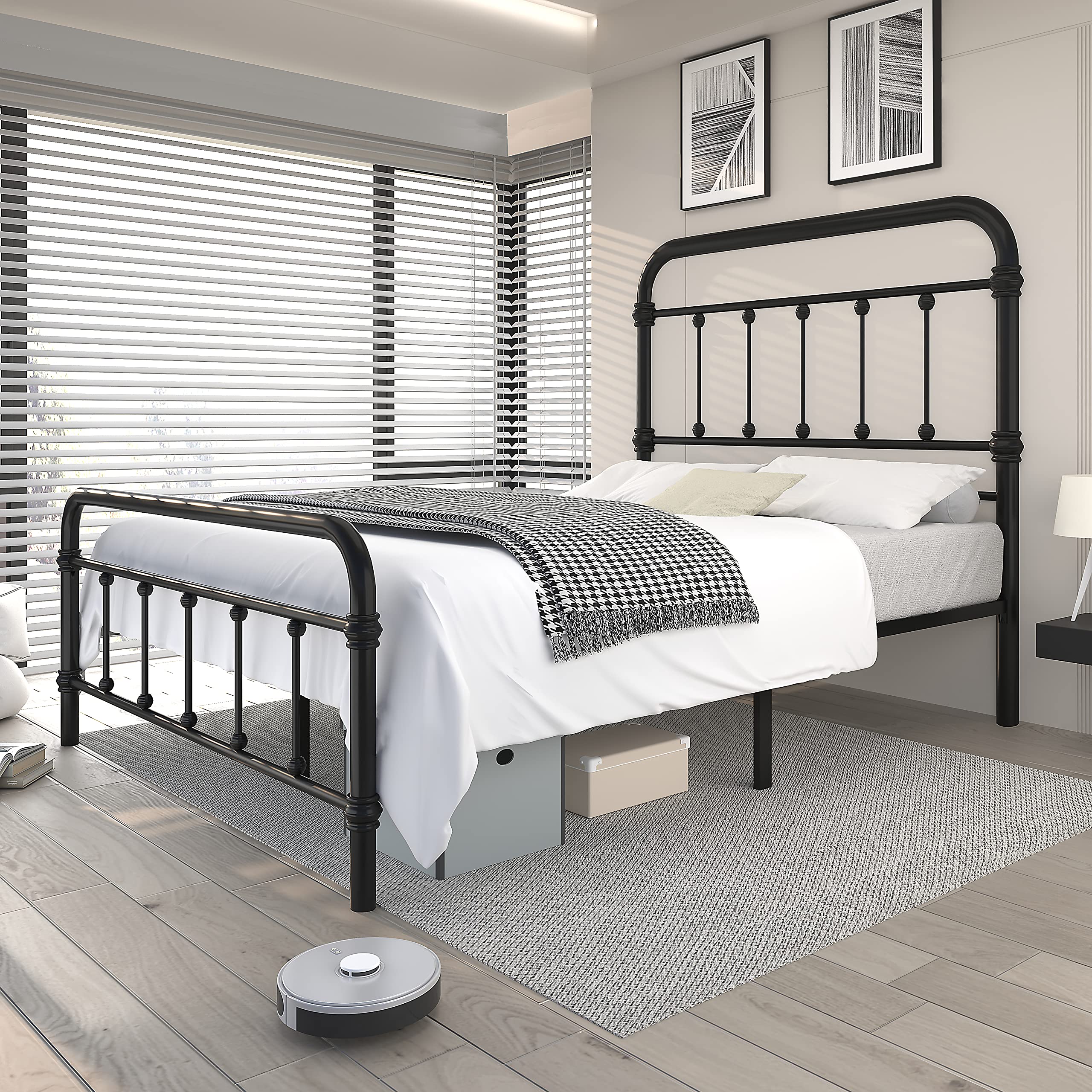 Macbimony Queen-Bed-Frame with headboard Giselle-Vintage Antique-Metal - Platform Mattress Foundation,49 inch High,No Box Spring Needed(Black)