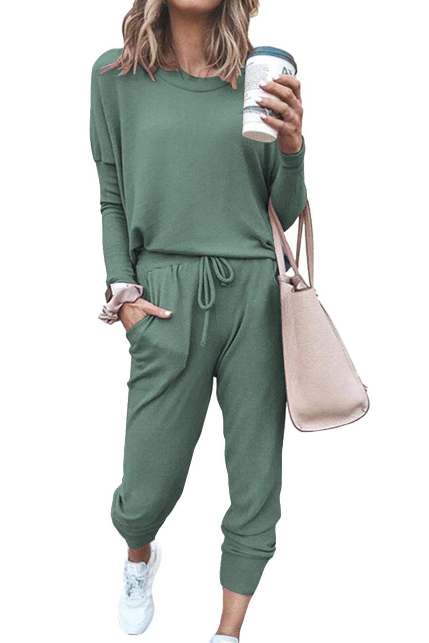 PRETTYGARDEN Women's Fall 2 Piece Lounge Outfit Long Sleeve Crewneck Pullover Tops High Waisted Pants Set Tracksuit (Light Green,Medium)