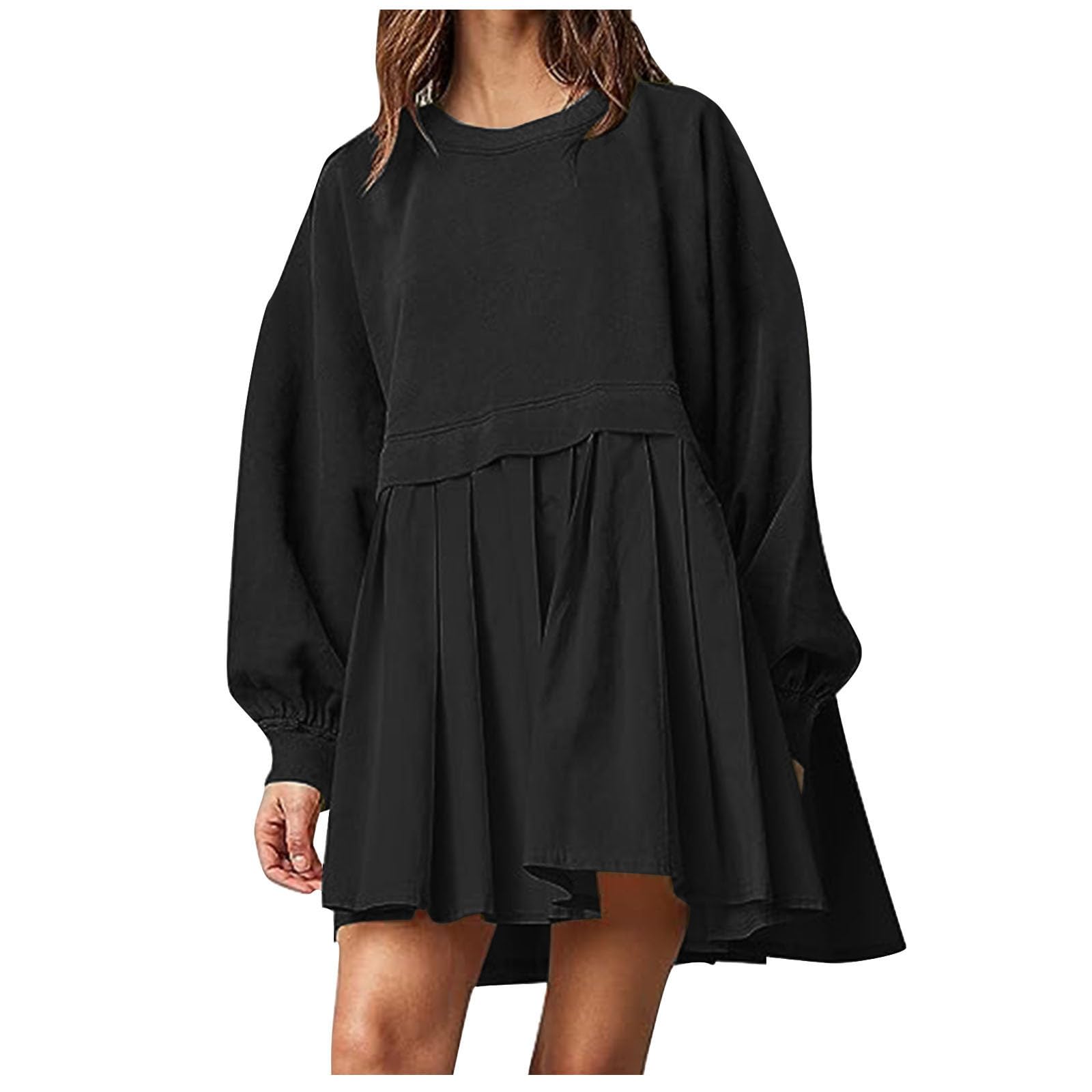 Black of Friday Deals 2023, Best Cyber of Monday Deals, Womens Fall Fashion 2023, Women's Flowy Pleated Sweatshirt Mini Dress Oversized Sweatshirt Dress Patchwork Crewneck Long Sleeve Pullover Tops