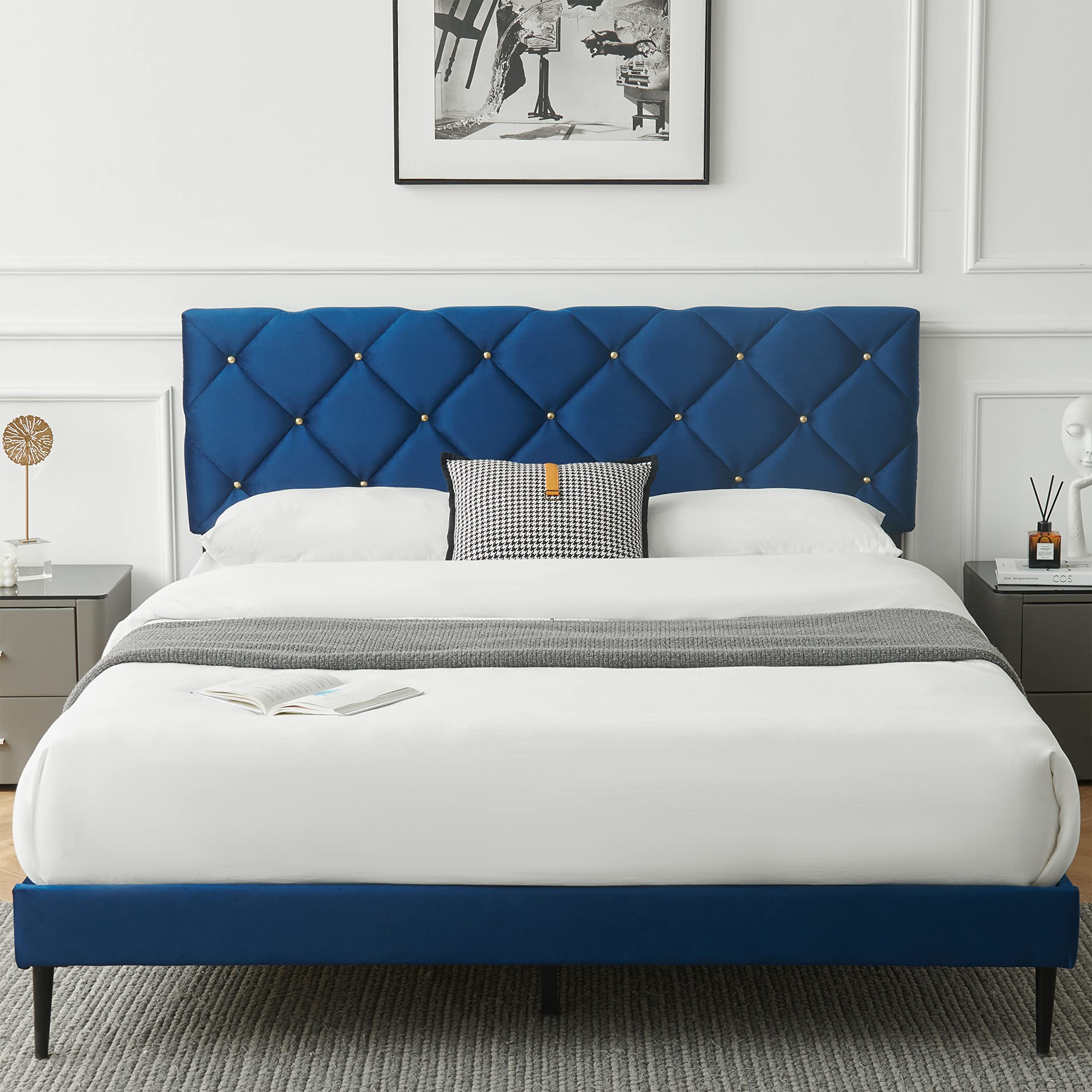 AsKmore Queen Size Bed Frame,Velvet Upholstered Platform with Headboard and Strong Wooden Slats,Non-Slip and Noise-Free,No Box Spring Needed, Easy Assembly,Navy Blue