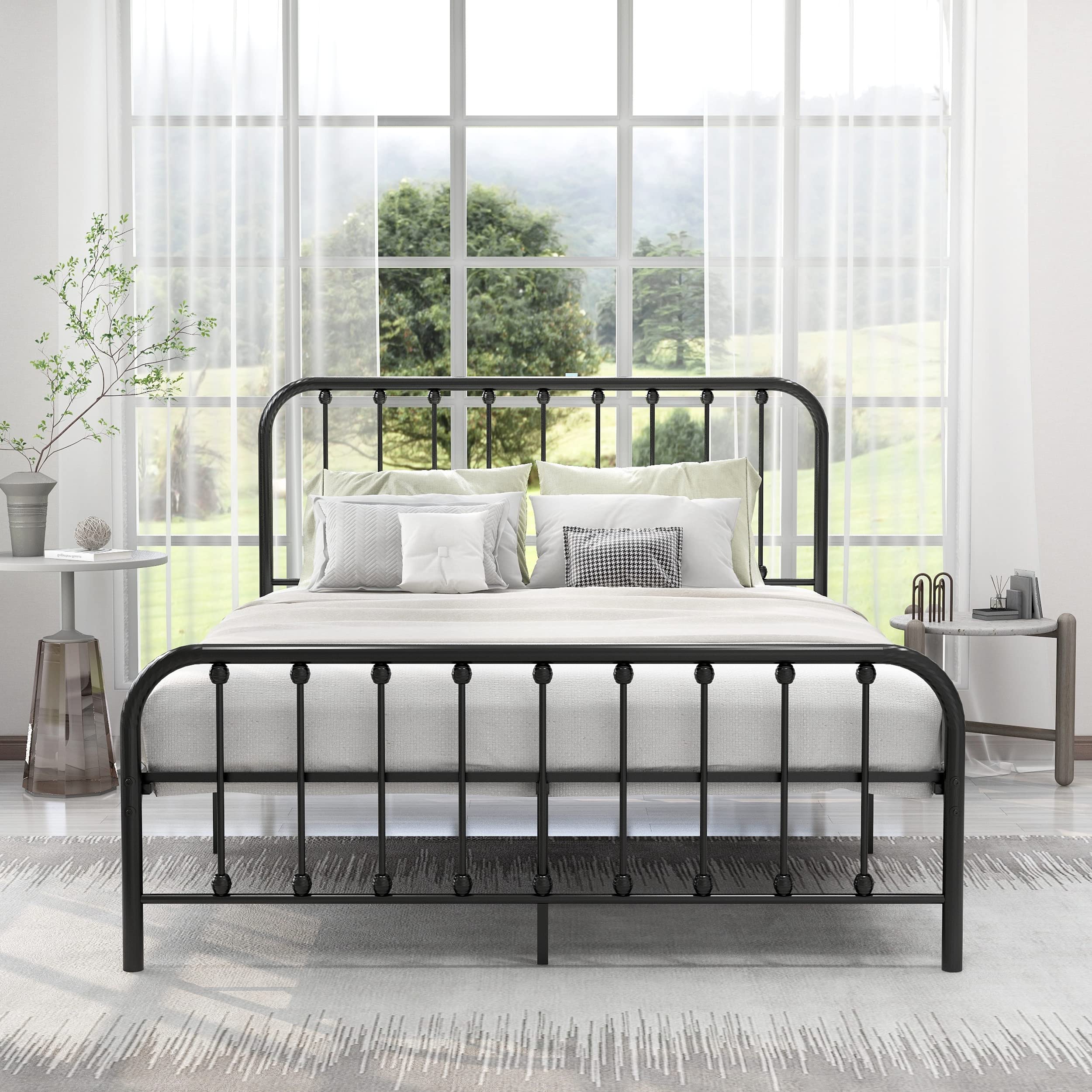 alazyhome Queen Size Metal Platform Bed Frame with Headboard and Footboard Sturdy Heavy Duty Steel Slat Support No Box Spring Needed Easy Assembly Black