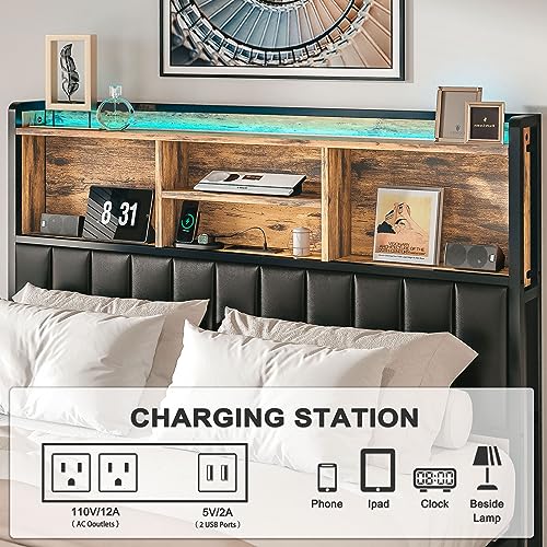 ANCTOR Queen Bed Frame with Upholstered Headboard and LED Light, Strong Platform Bed with Charging Station, Solid and Stable, No Box Spring Needed