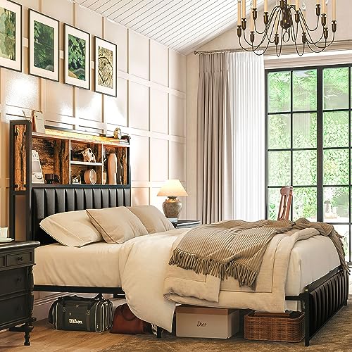 ANCTOR Queen Bed Frame with Upholstered Headboard and LED Light, Strong Platform Bed with Charging Station, Solid and Stable, No Box Spring Needed