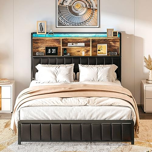 ANCTOR Queen Bed Frame with Upholstered Headboard and LED Light, Strong Platform Bed with Charging Station, Solid and Stable, No Box Spring Needed